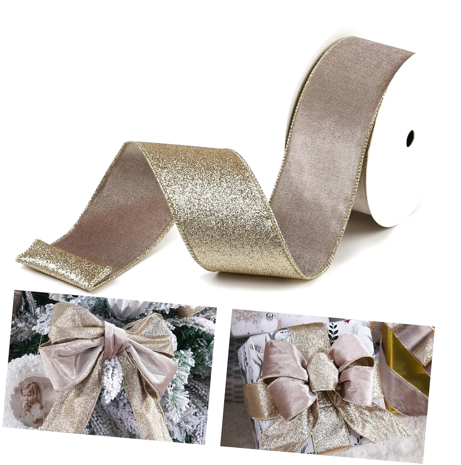 Hyjoy Taupe Velvet Wired with Glitter Back 2.5 Inch Camel and Christmas ...
