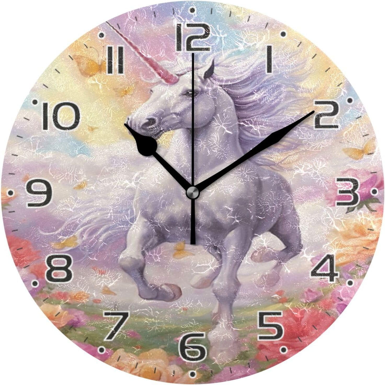 Hyjoy Unicorn Clock Silent Round Wall Clock Non Ticking Battery Device ...