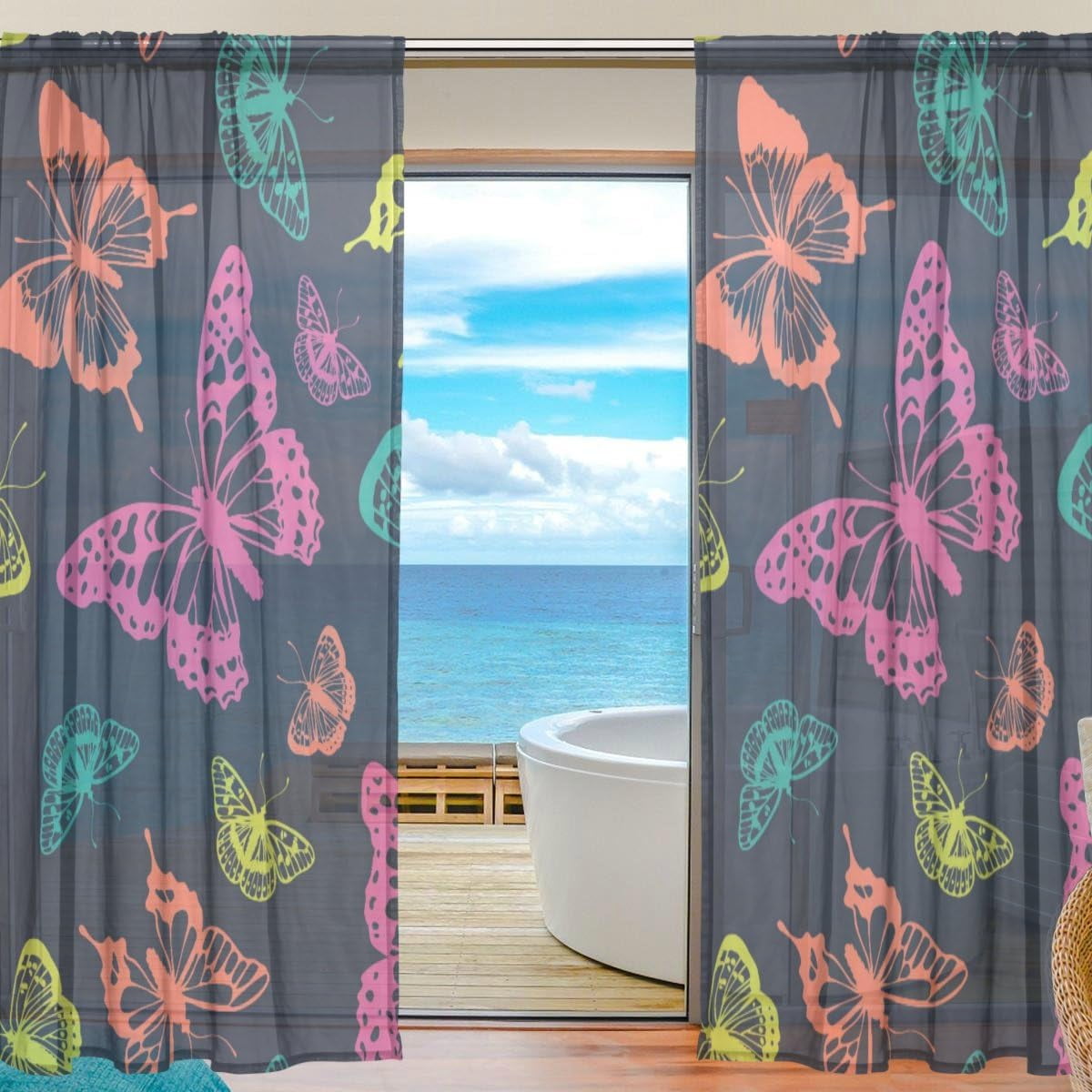 Hyjoy Watercolor Butterfly Sheer Window Curtain Panel Drape 55x78 Inch ...