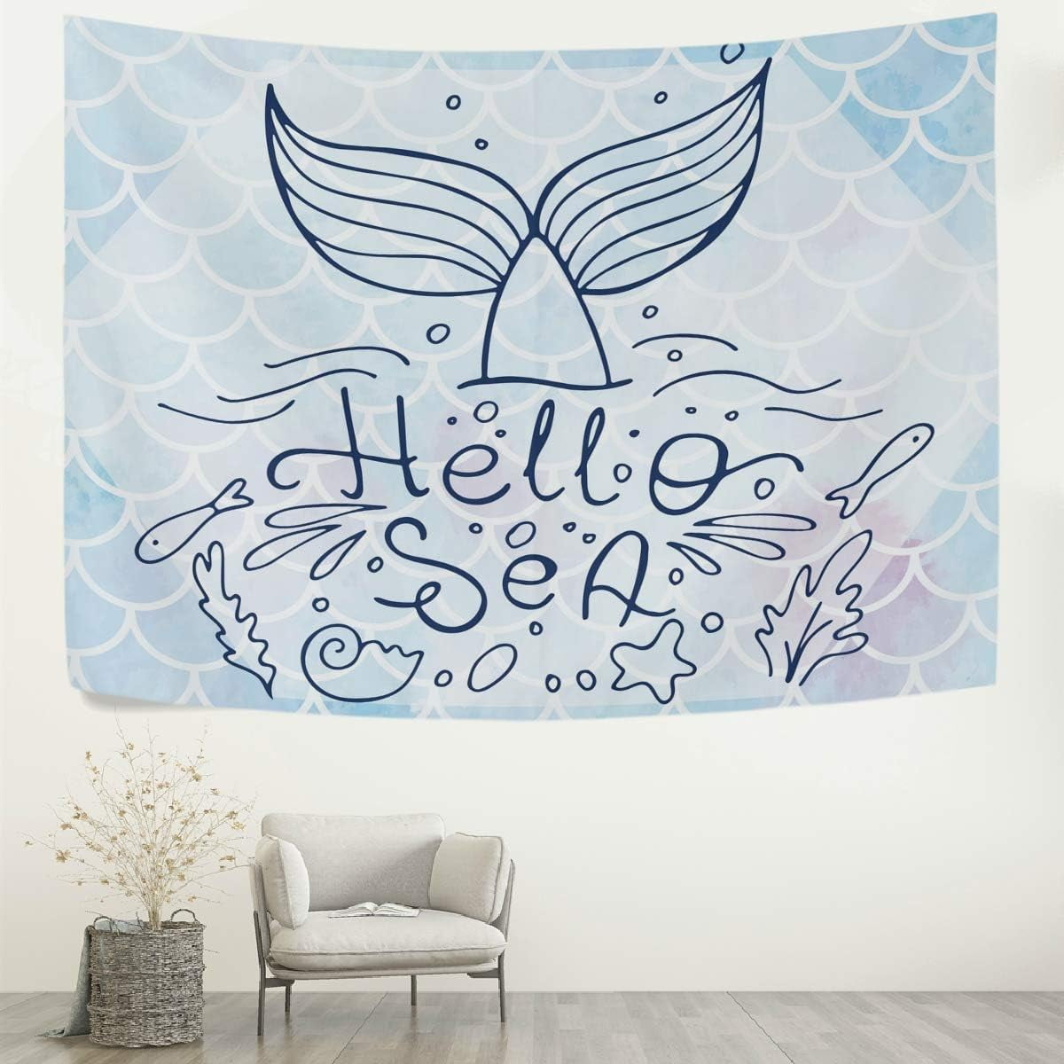 Hyjoy Watercolor Mermaid Scales Tail Hello Sea Tapestry Wall Tapestry Wall Hanging Decorative ...