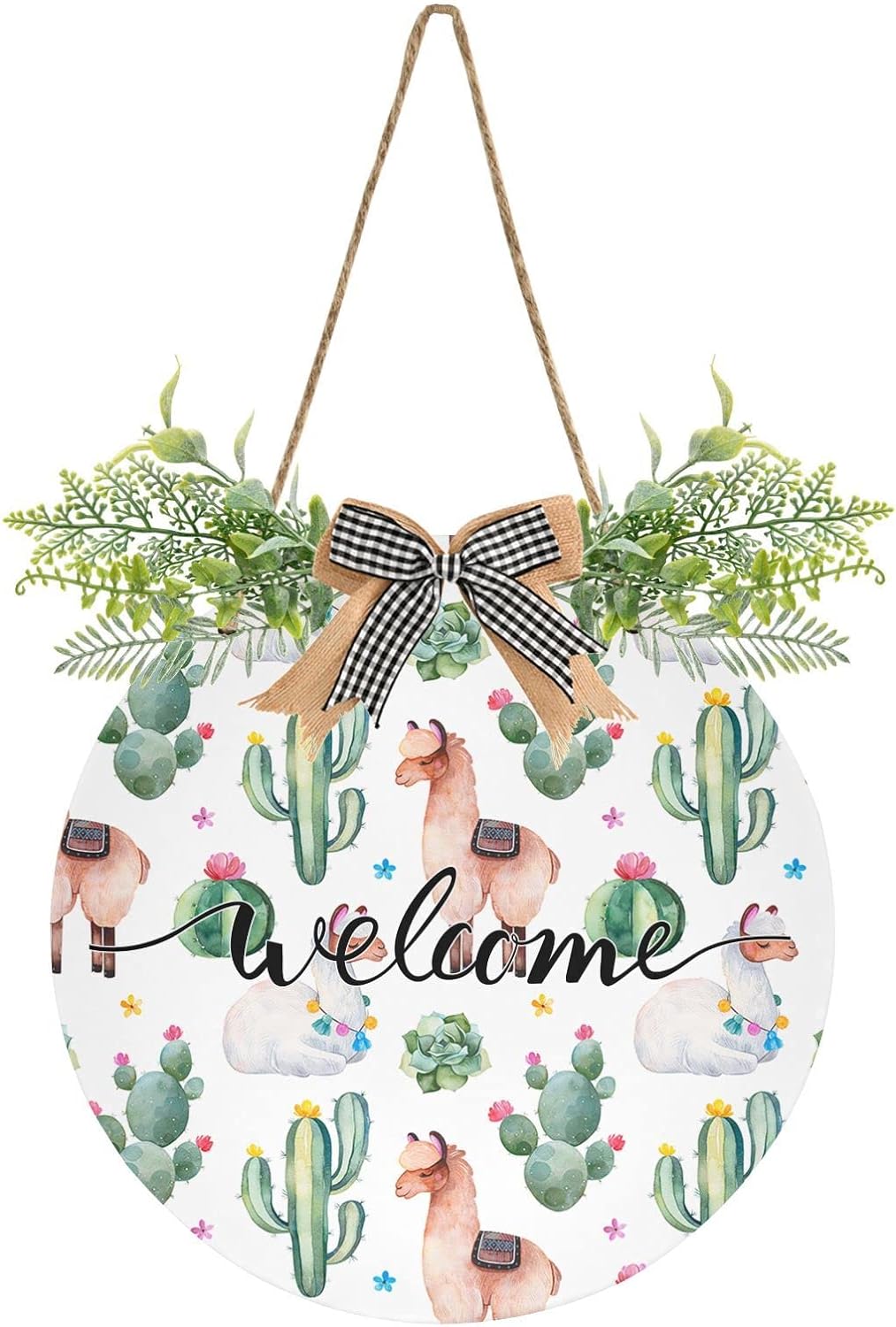 Hyjoy Welcome Sign Hanging Plaque Sign Llama Cactus Porch Wall Front ...
