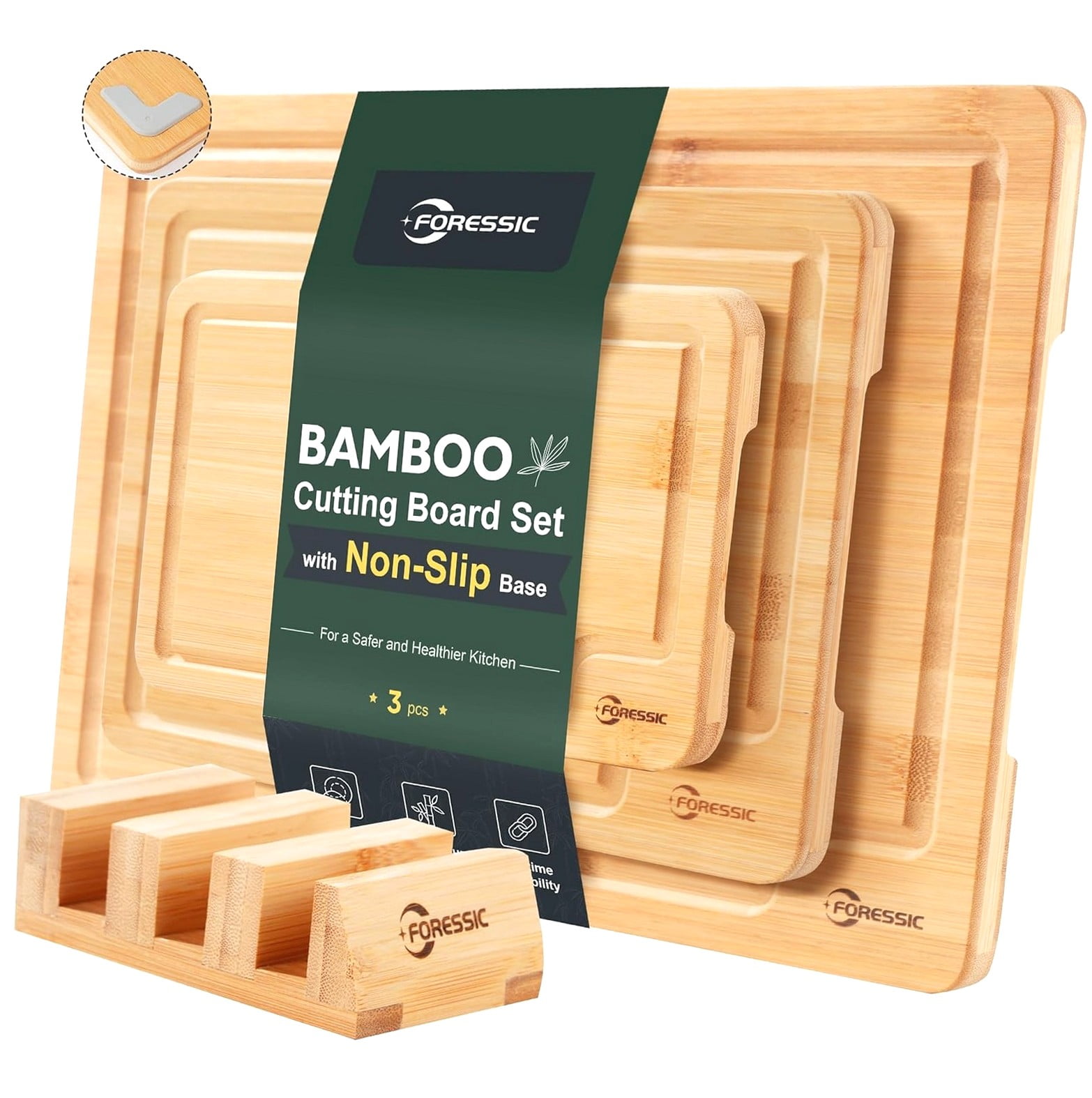 Hyjoy Wood Boards for Kitchen Set 3 Packs with Feet Holder and Over ...