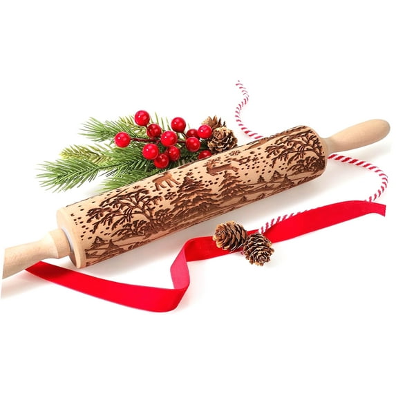 Hyjoy " Wooden Rolling Pin for Baking with Reindeer Embossed Designs ...