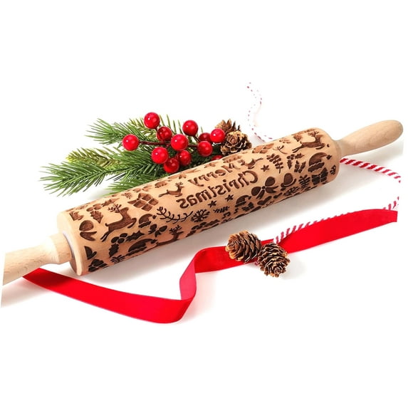 Hyjoy " Wooden Rolling Pin for Baking with Reindeer Embossed Designs ...