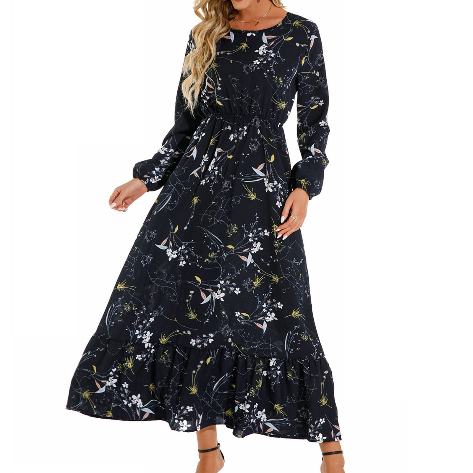Hyknon Fall Dresses for Women 2025 Fashion Boho Floral Printed Round ...