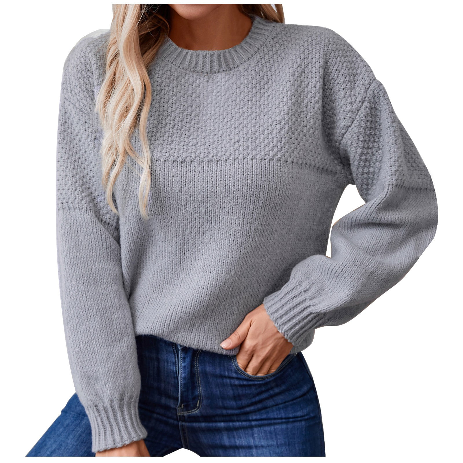 Hyknon Sweaters for Women Casual Round Neck Long Sleeved Knitted ...