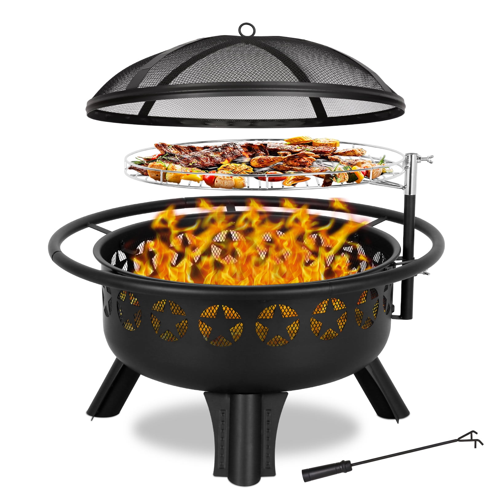 "Hykolity Outdoor Fire Pit with Grill, 31"" Wood-fueled with Swivel BBQ ...