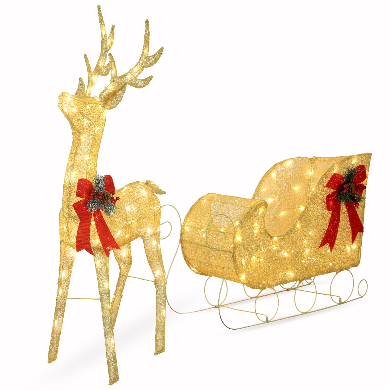 Hykolity 4FT Lighted Christmas Reindeer and Sleigh, Outdoor Sleigh Yard ...