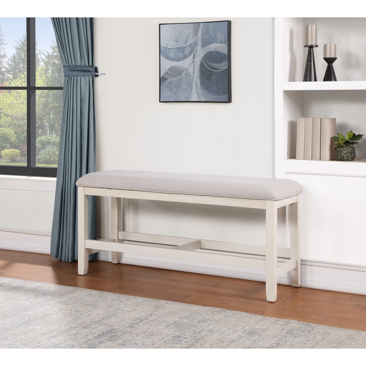 Hyland Counter Height Bench - Acacia Wood & Comfortable Linen Cushion ...