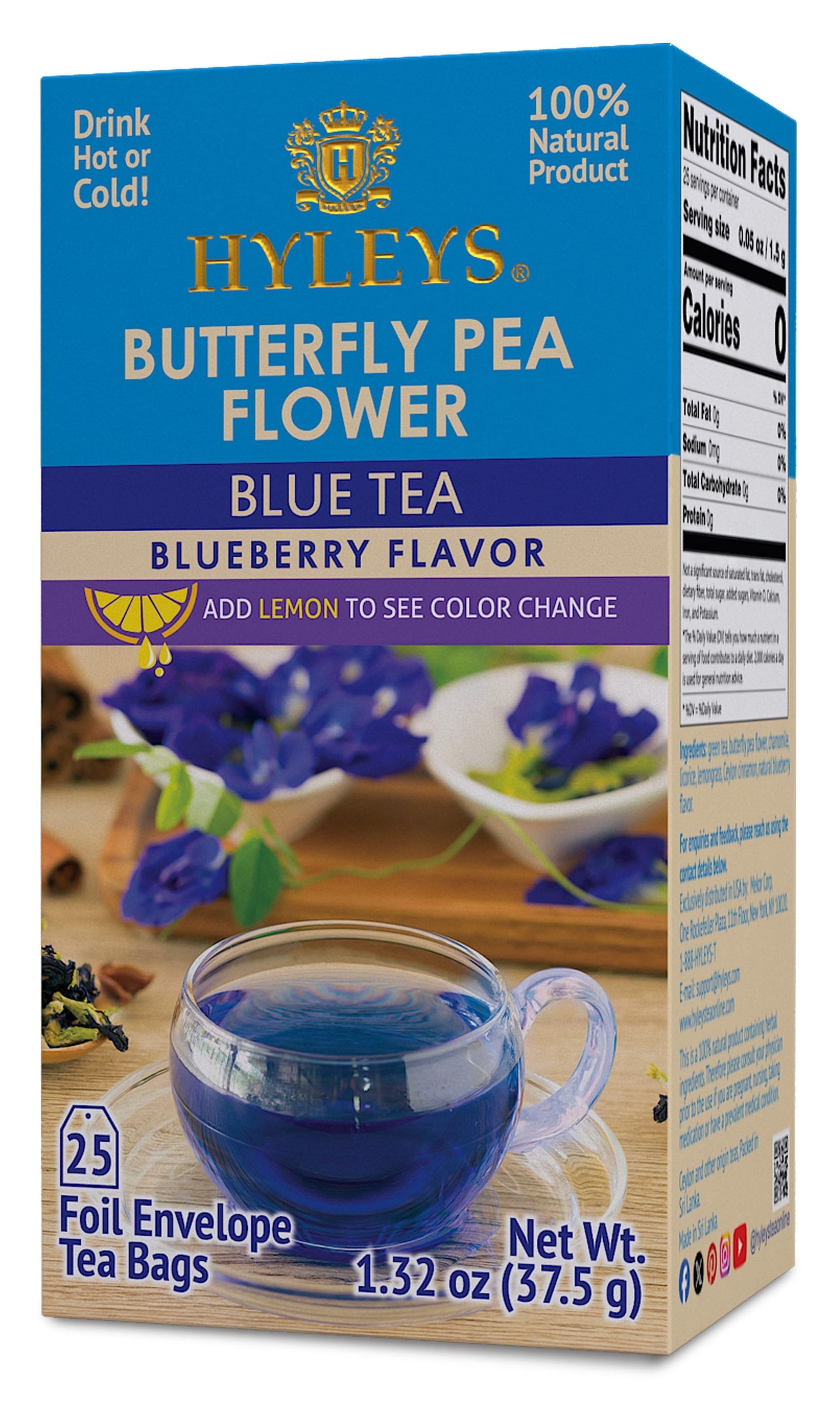 Hyleys Butterfly Pea Flower Blue Tea with Natural Blueberry Flavor - 25 ...