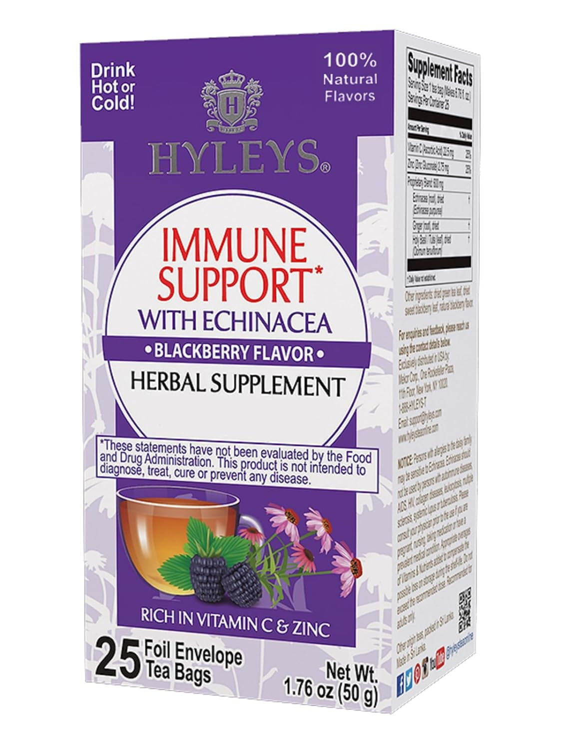 Hyleys Immune Support Tea with Echinacea, Zinc, Blackberry Flavor - 25 ...