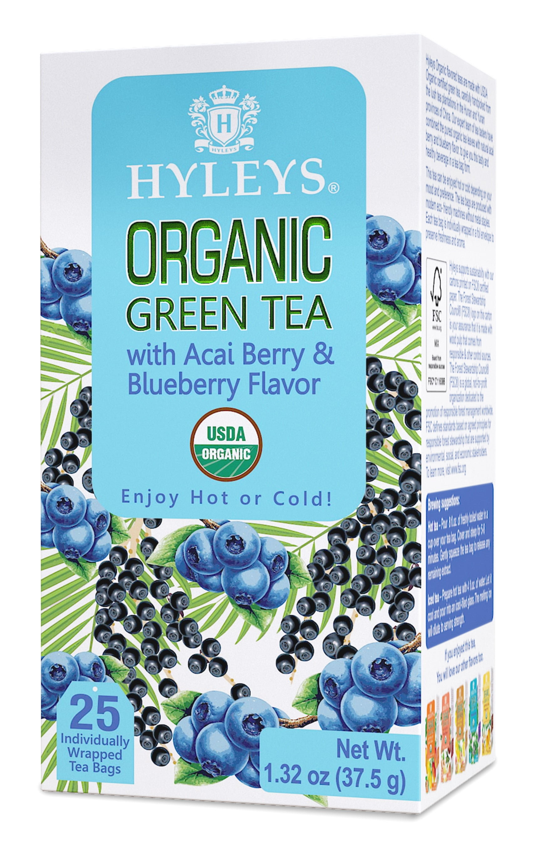 Hyleys Organic Green Tea Acai Berry and Blueberry Flavor - 25 Tea Bags ...