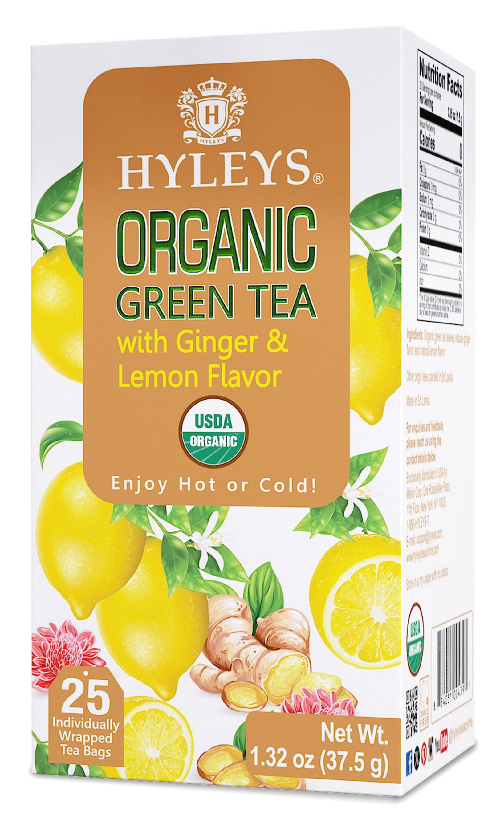 Hyleys Organic Green Tea Ginger and Lemon Flavor - 25 Tea Bags ...