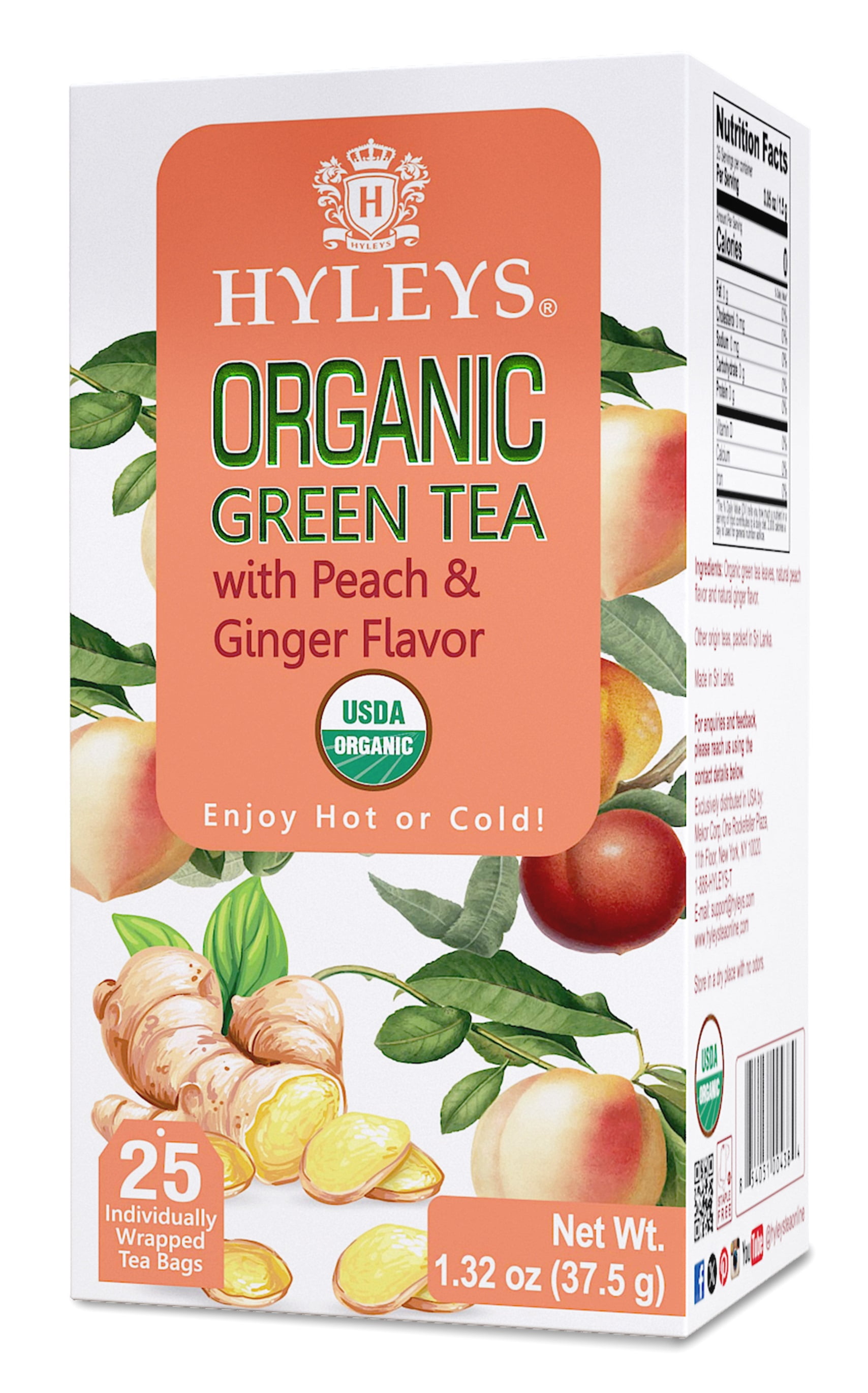 Hyleys Organic Green Tea Peach and Ginger Flavor - 25 Tea Bags ...