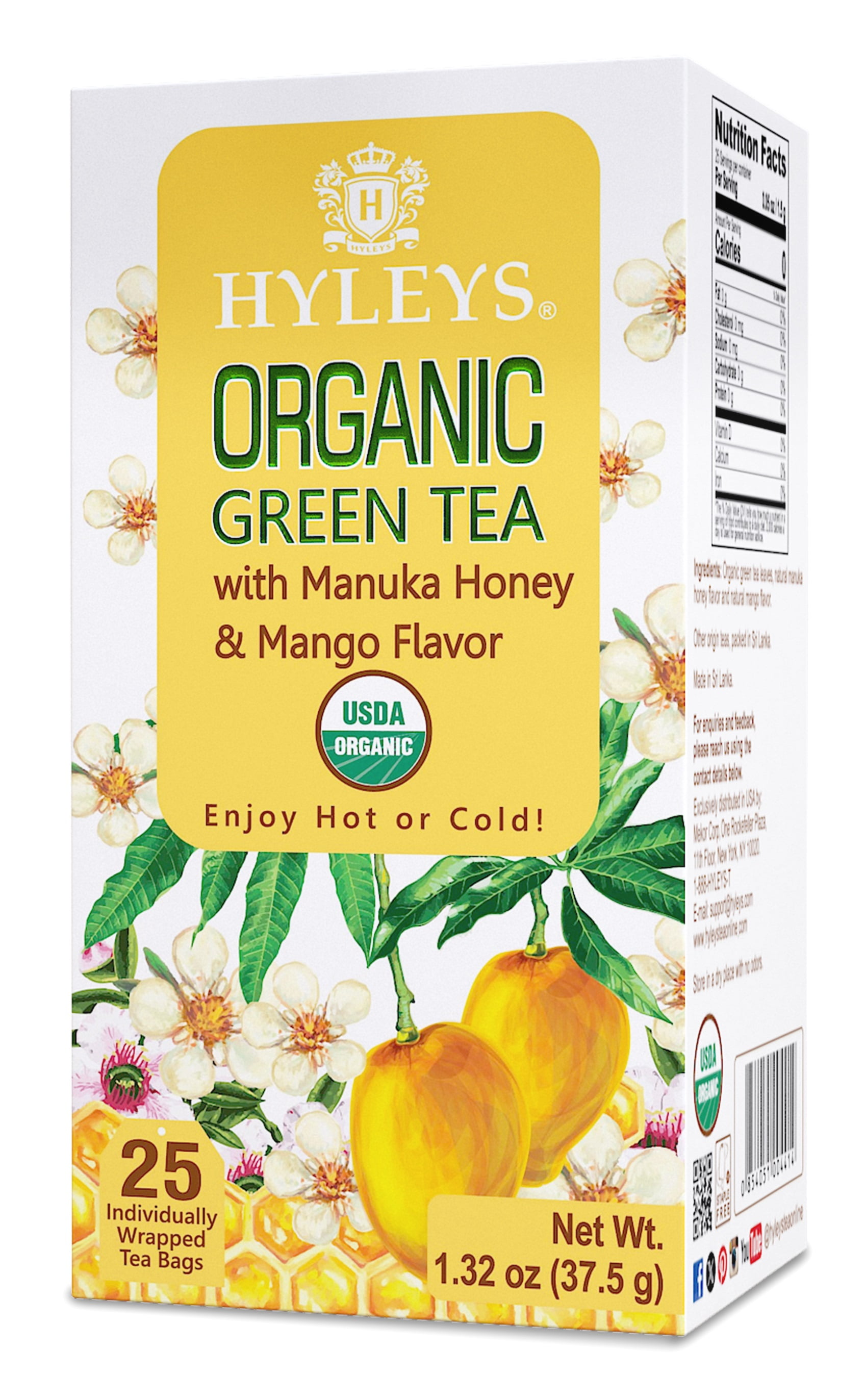 Hyleys Organic Green Tea with Manuka Honey & Mango Flavor - 25 Tea Bags ...