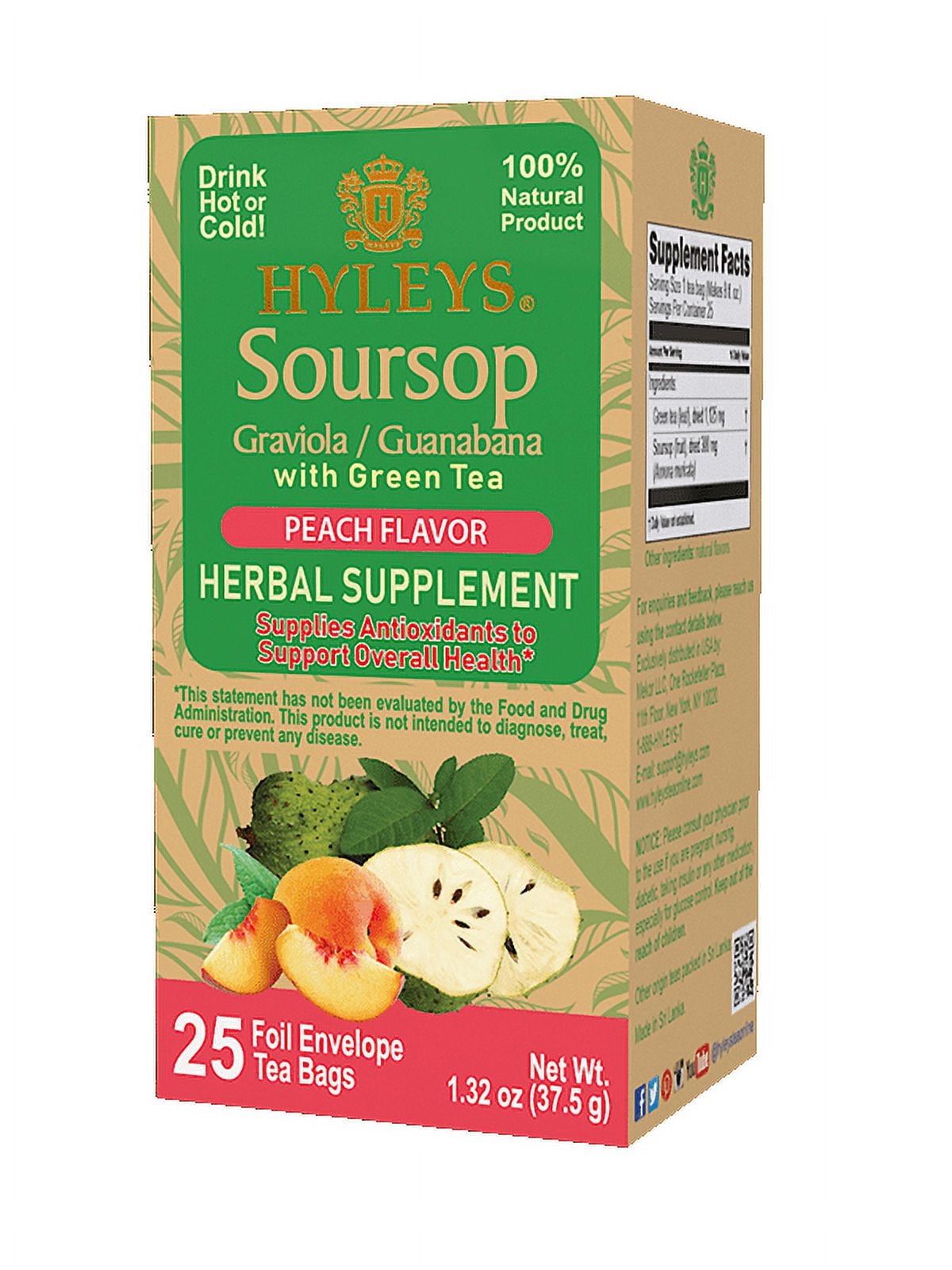 Hyleys Organic Soursop Graviola Guanabana Green Tea - Peach Flavor - 25 ...