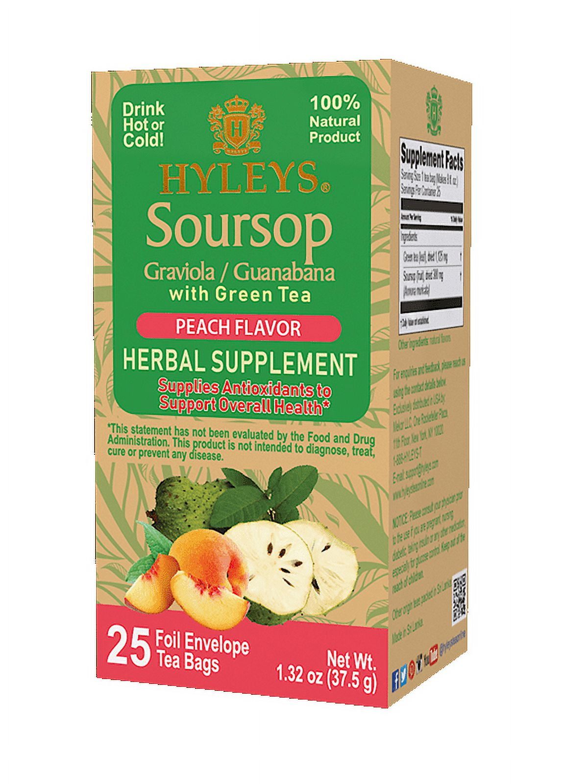 Hyleys Organic Soursop Graviola Guanabana Green Tea - Peach Flavor - 25 ...