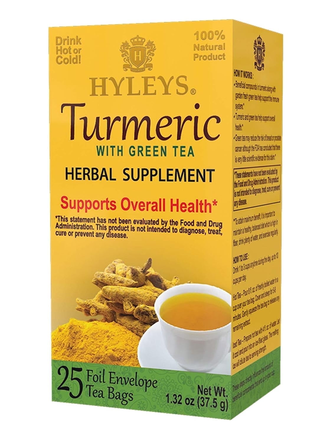 Hyleys Green Tea with Turmeric - 25 Tea Bags - Wellness Herbal ...
