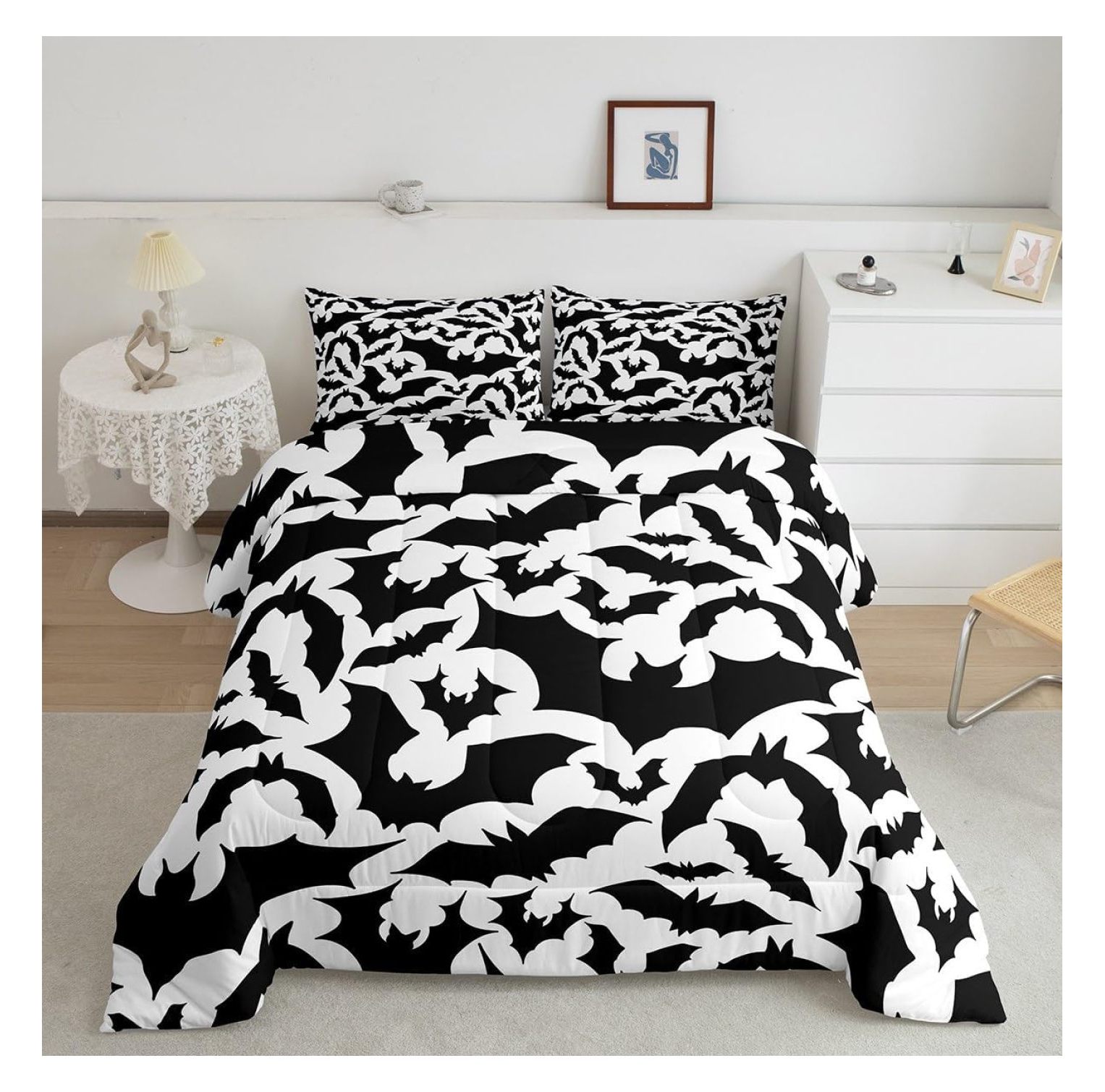 Hymkun Bat Full Size Comforter Set,Black Bats Animal Silhouette Print ...