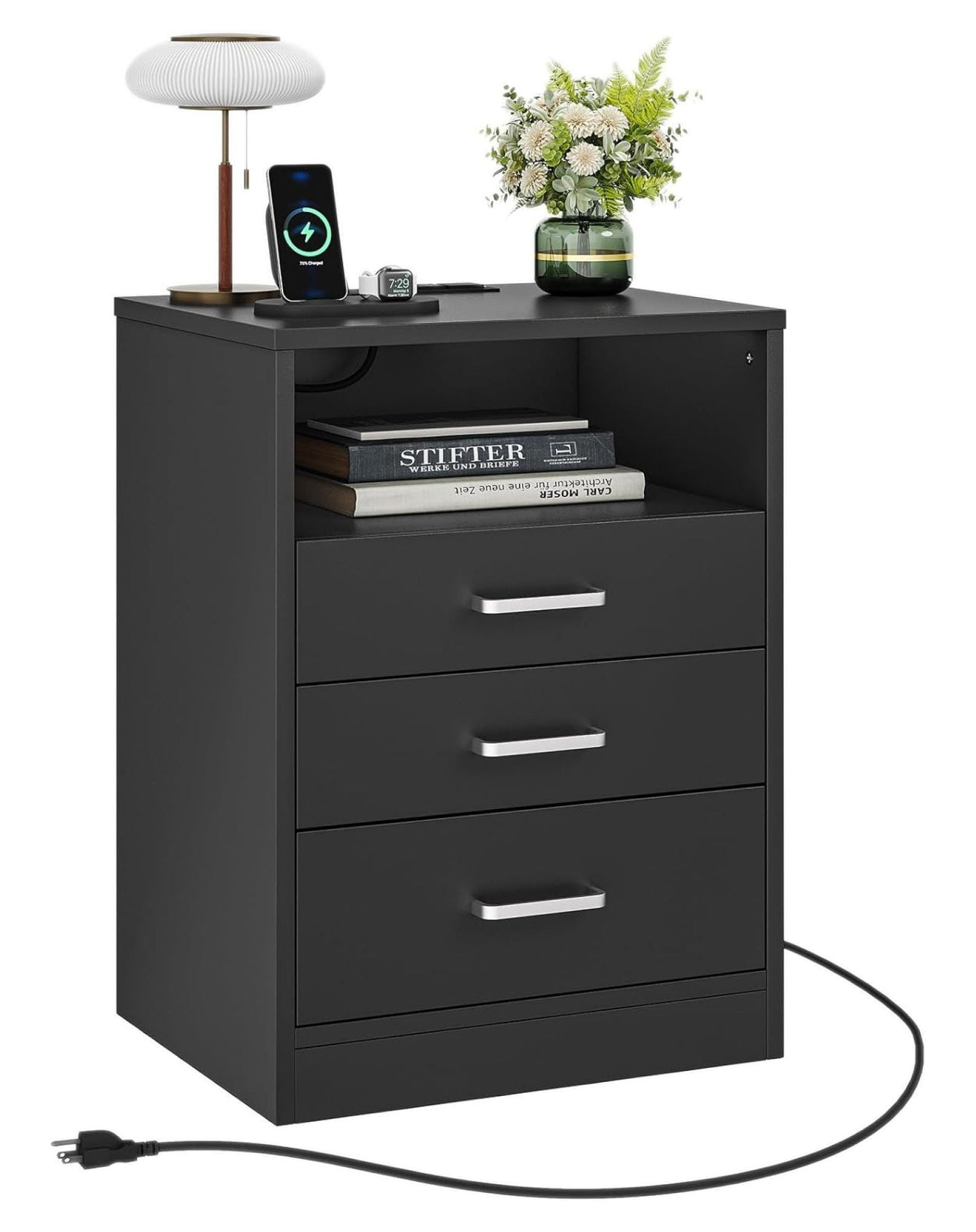 Hymkun Black Nightstand 3 Drawers with USB Port,Bedroom End Table Side ...