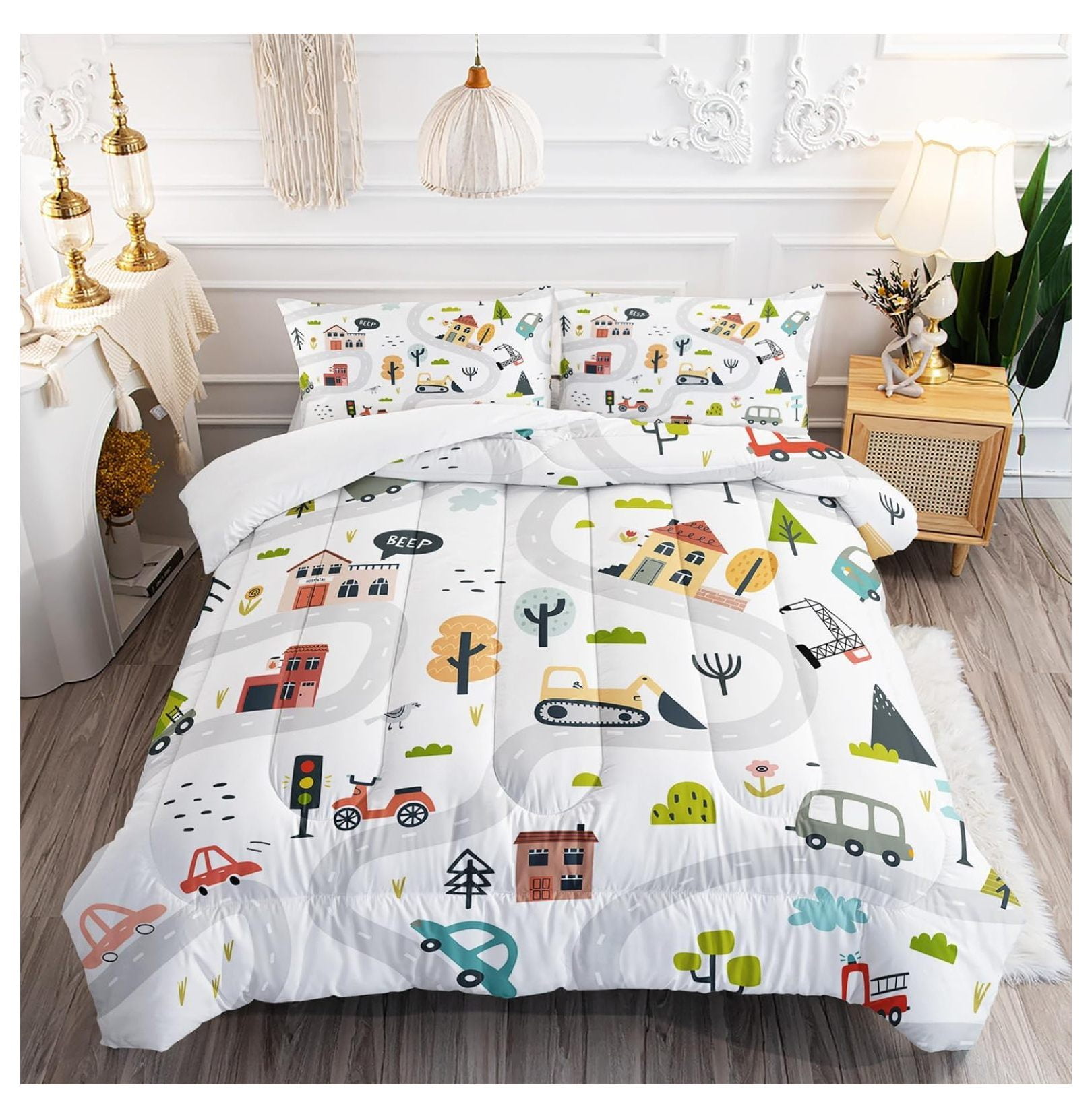 Hymkun Cartoon Car Comforter Set Queen Size, Construction Bedding Cute ...