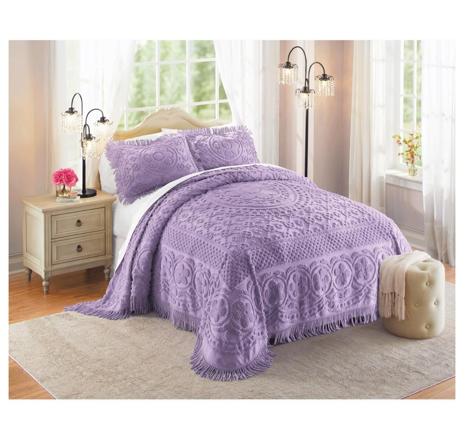 Hymkun Emily Floral Chenille Bedspread, Soft Cotton Comforter, Full ...