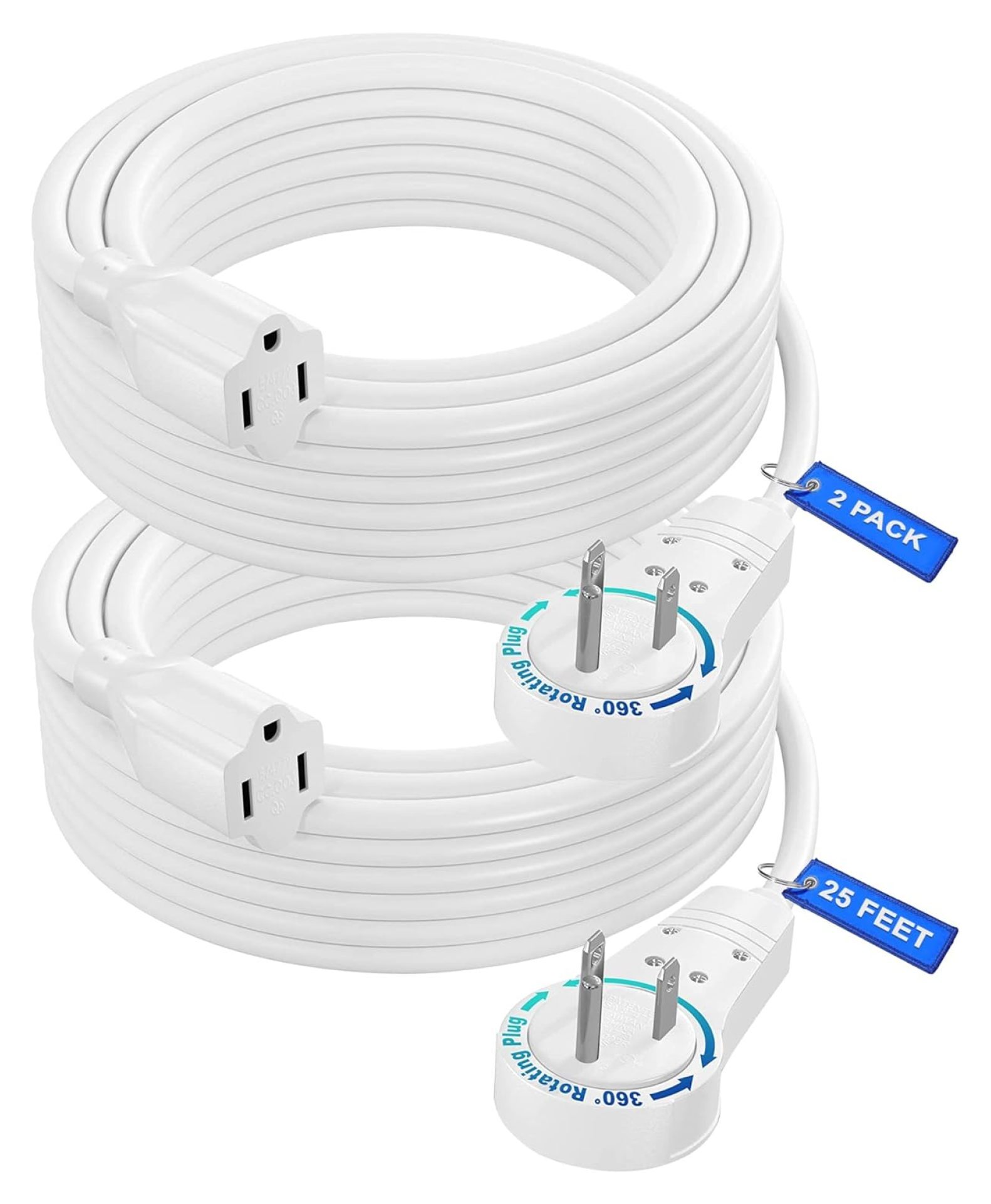 Hymkun Extension Cord 25 Feet White (2 Pack) Flat Plug, 360° Rotating ...