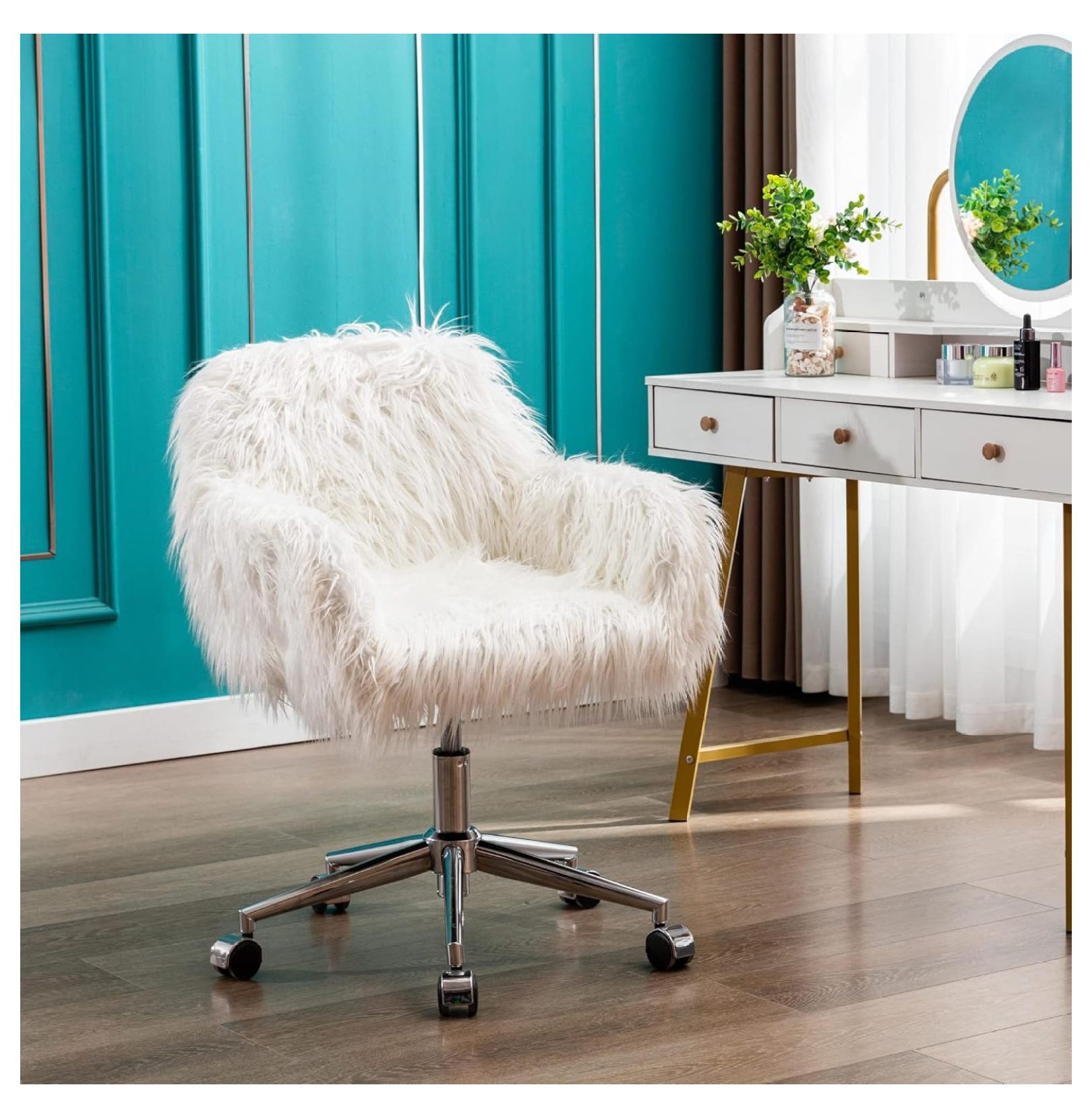 Hymkun Faux Fur Home Office Chair, Faux Fur Vanity Chair for Women Girl ...