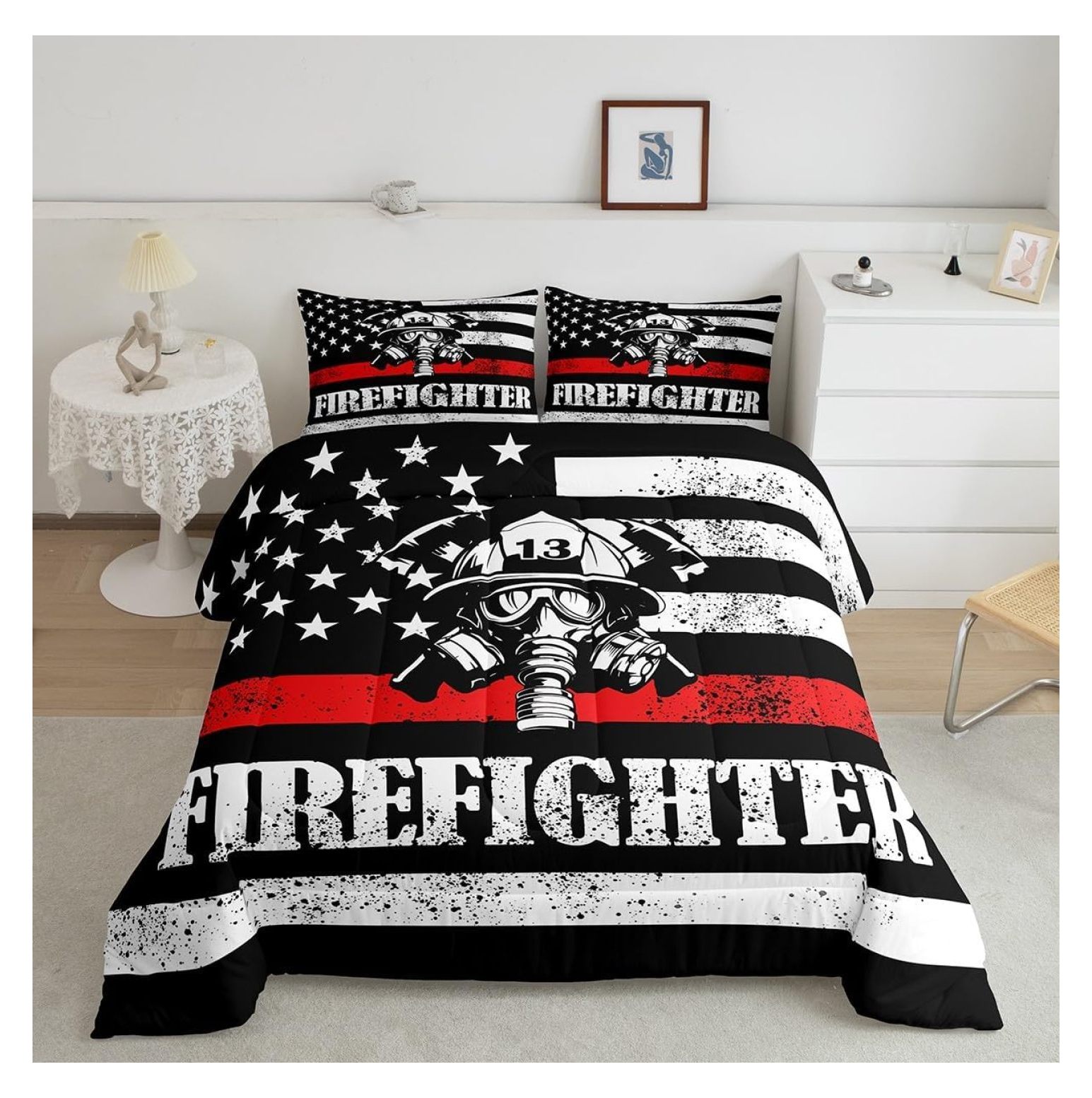 Hymkun Firefighter Comforter Set Queen Size, American Flag Quilt Set ...