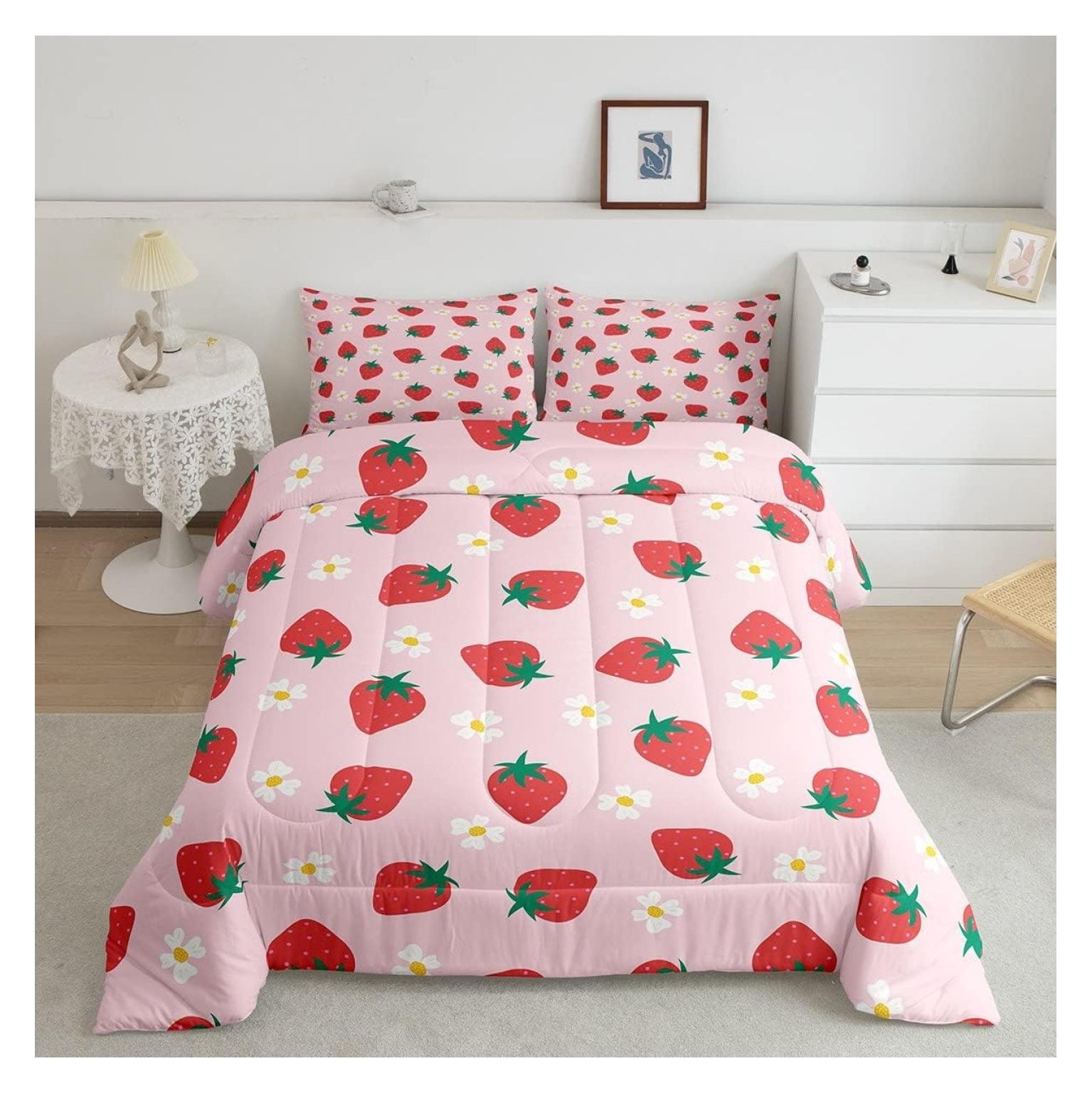 Hymkun Kawaii Strawberry Comforter Set Full Size, Flower Girly Bedding ...