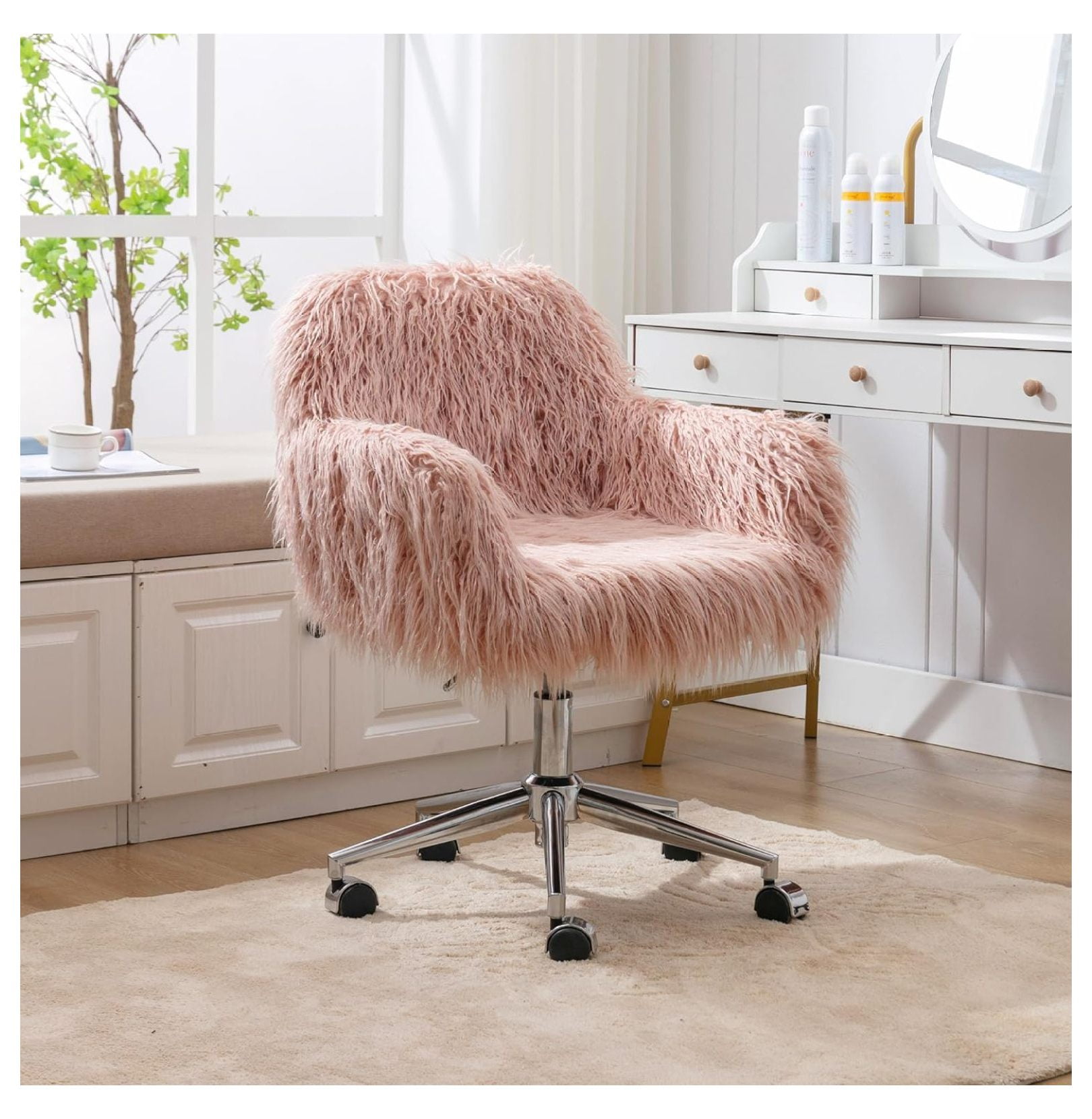 Hymkun Modern Faux Fur Office Chair,Upholstered Faux Fur Makeup Vanity ...