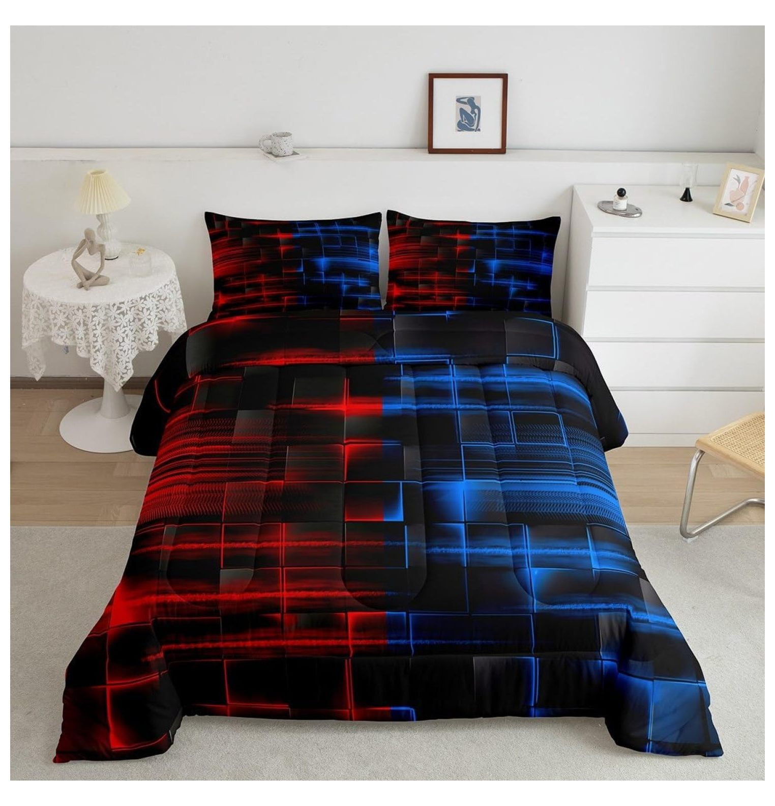 Hymkun Red Blue Bedding Set Queen Size Boys Girls Geometric Strip Lines ...