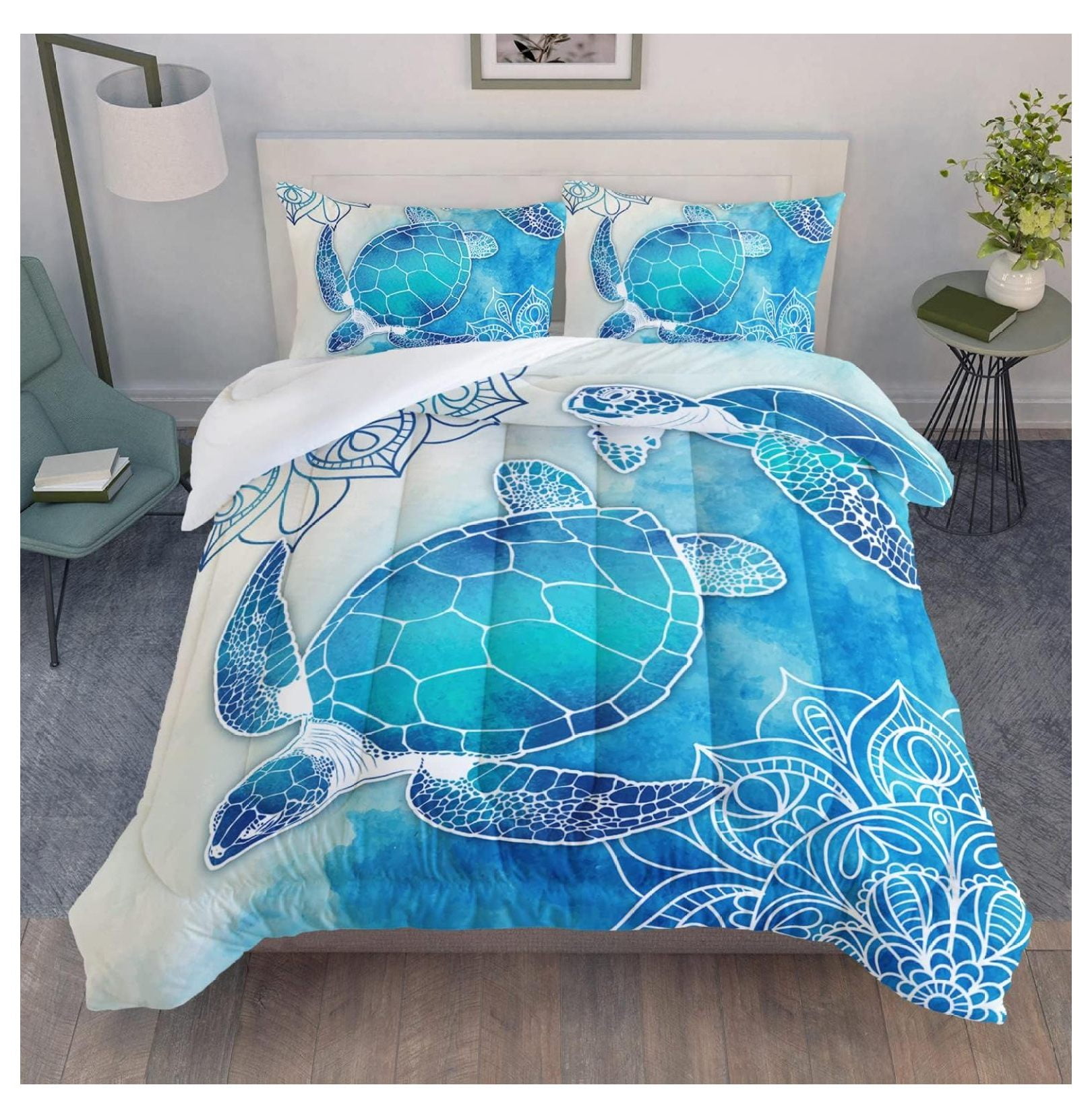 Hymkun Sea Turtle Comforter Set,Coastal Beach Themed Bedroom Comforter ...