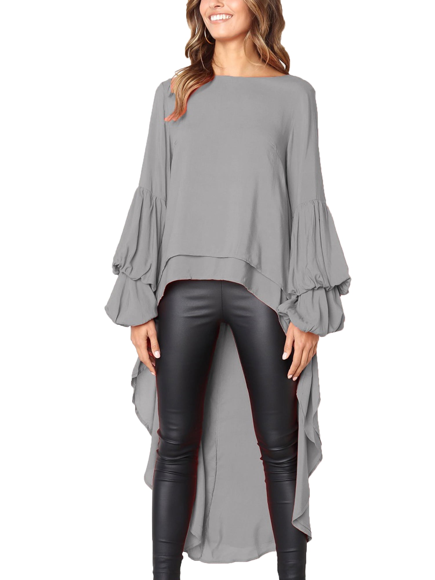 Hymorin Ruffle Hi-Low Hem Women Solid Color Round Collar Lantern Sleeve ...