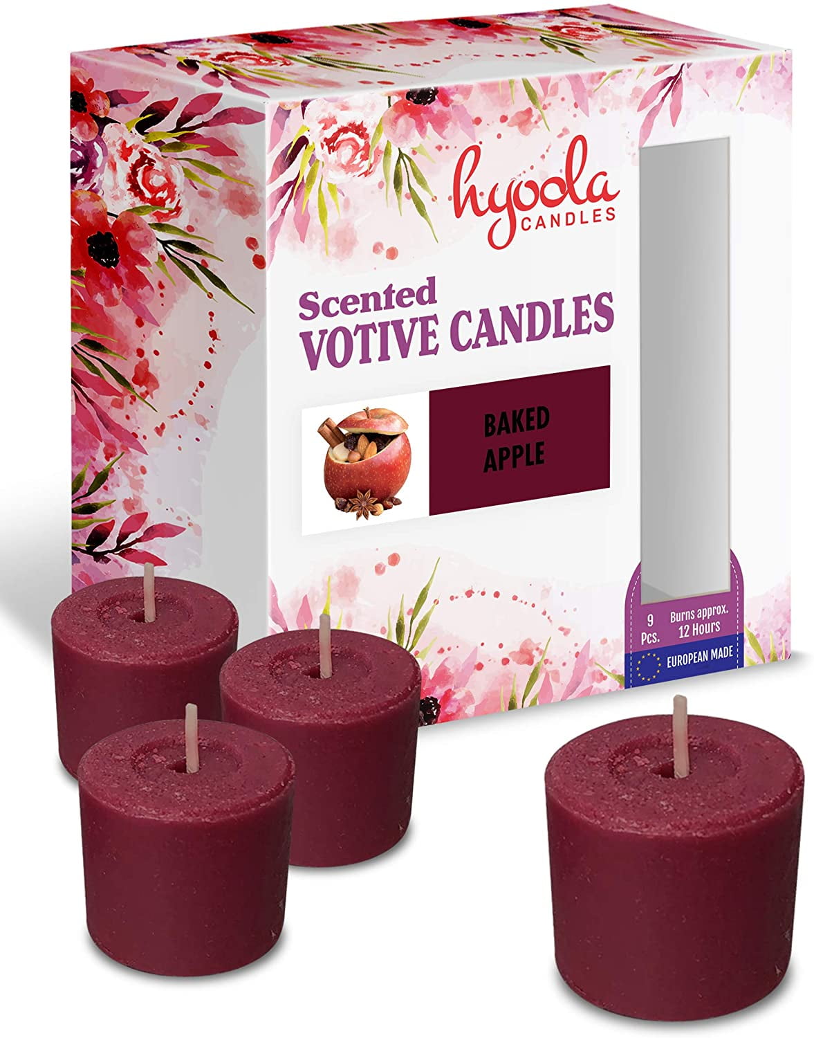 Hyoola, 12 Hour Clear Cup - Baked Apple Scented Votive Candles - Maroon ...