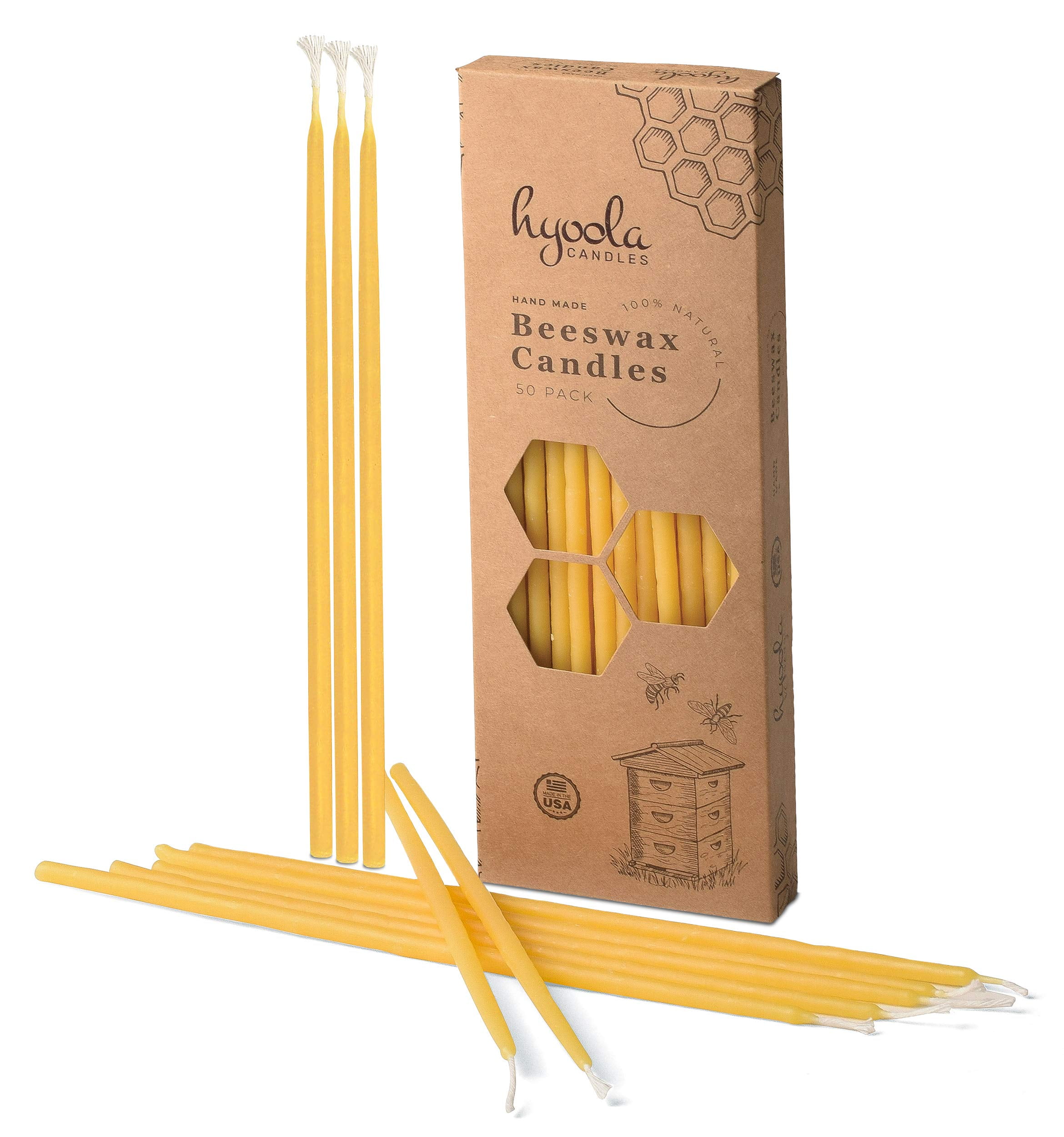 Hyoola Beeswax Skinny Taper Candles - 50 Pack - Natural Dripless ...