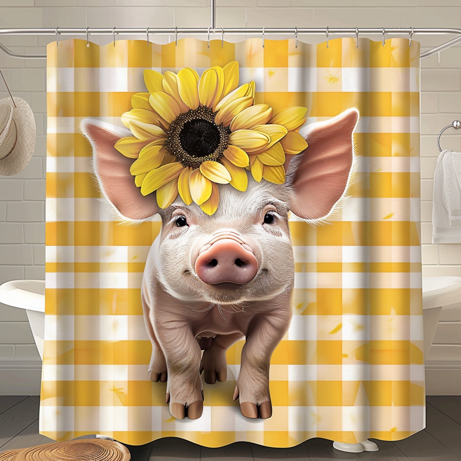 Hyper Realistic Baby Pig with Sunflowers Shower Curtain Yellow Plaid ...