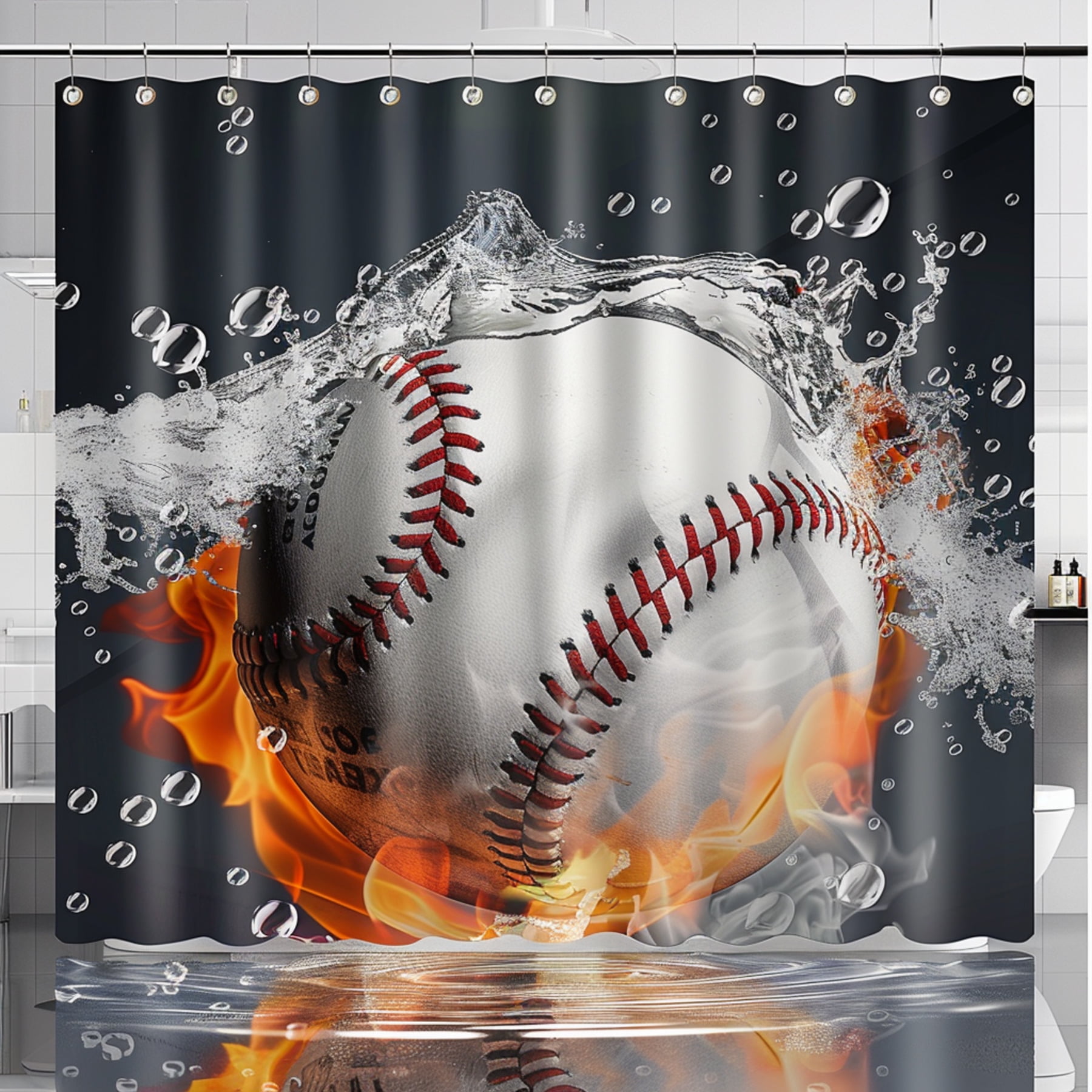 Hyper Realistic Baseball on Fire Shower Curtain Flames & Water Design ...