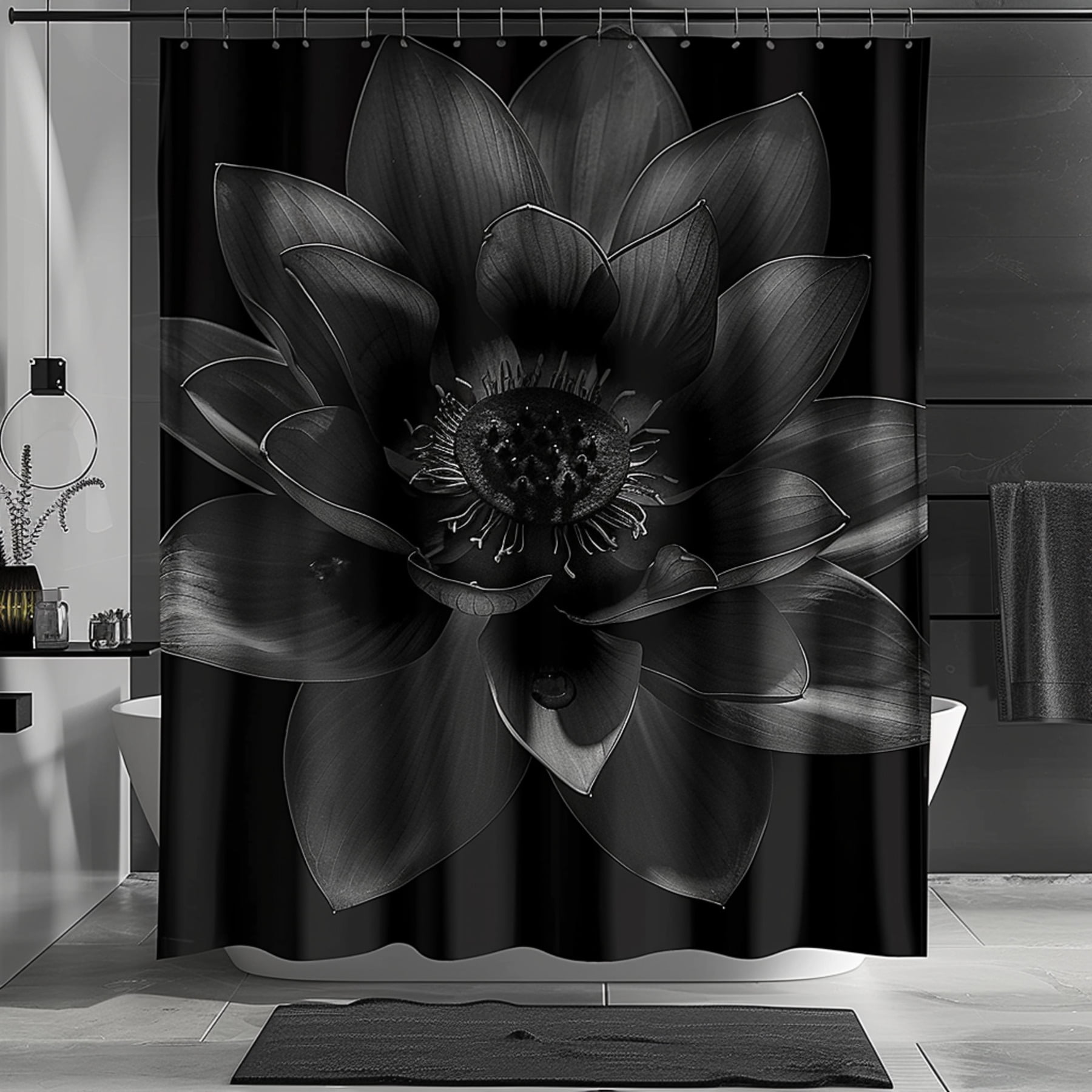 Hyper Realistic Black Lotus Flower Shower Curtain Black and White Photo ...