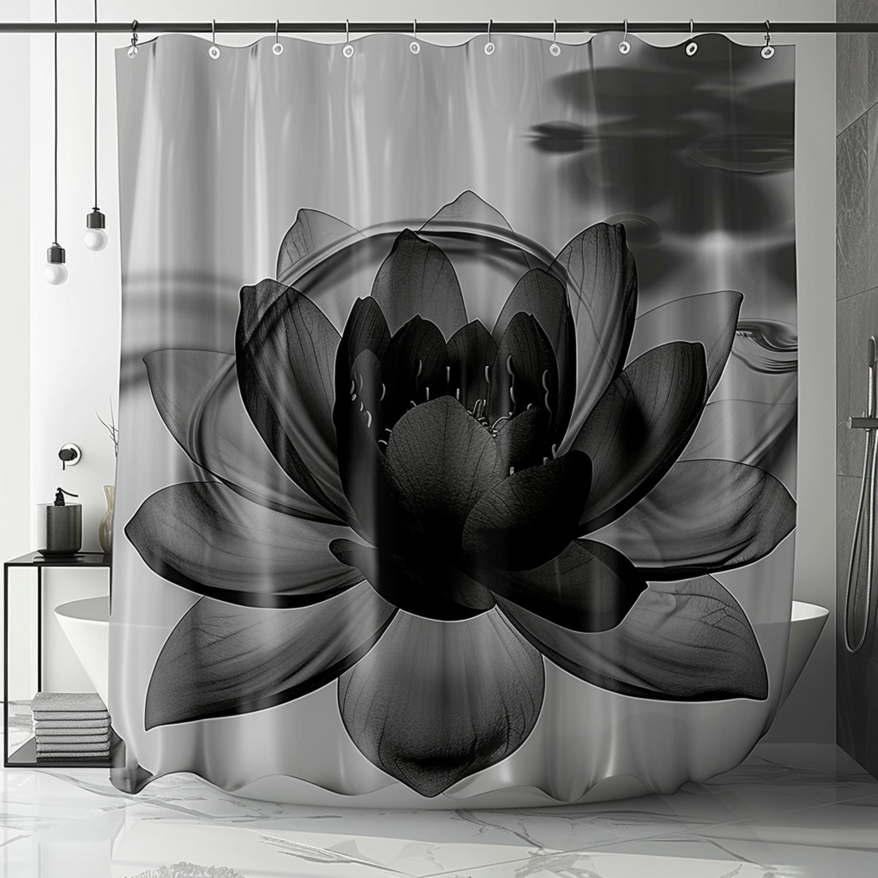 Hyper Realistic Black Lotus Flower Shower Curtain Black and White Photo ...
