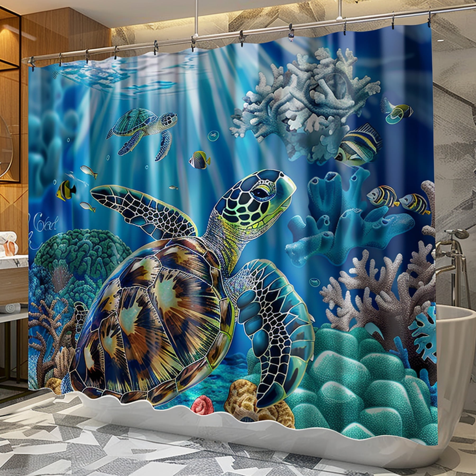 Hyper Realistic Blue Sea Turtle Shower Curtain With Coral Reef Pattern