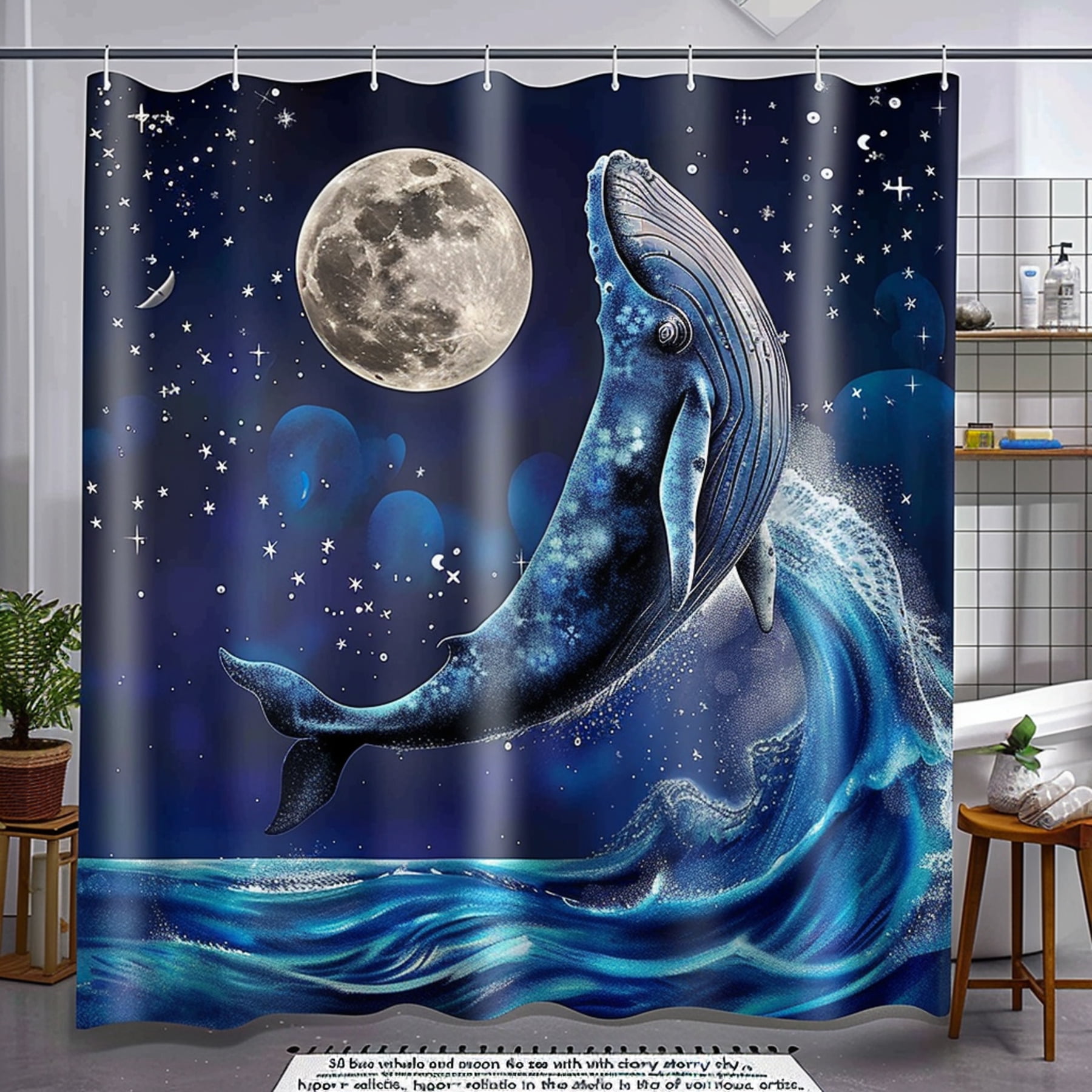 Hyper Realistic Blue Whale and Moon Shower Curtain Starry Night Sea ...