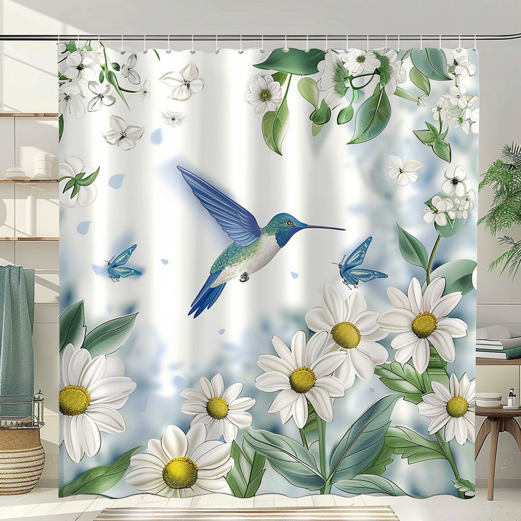 Hyper Realistic Blue And White Daisies Shower Curtain With Detail And