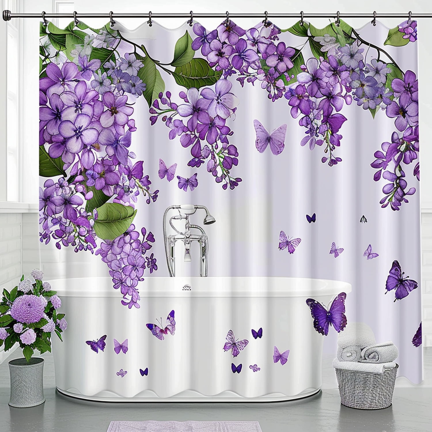 Hyper Realistic Butterfly Floral Shower Curtain with Lilac Bouquet High ...