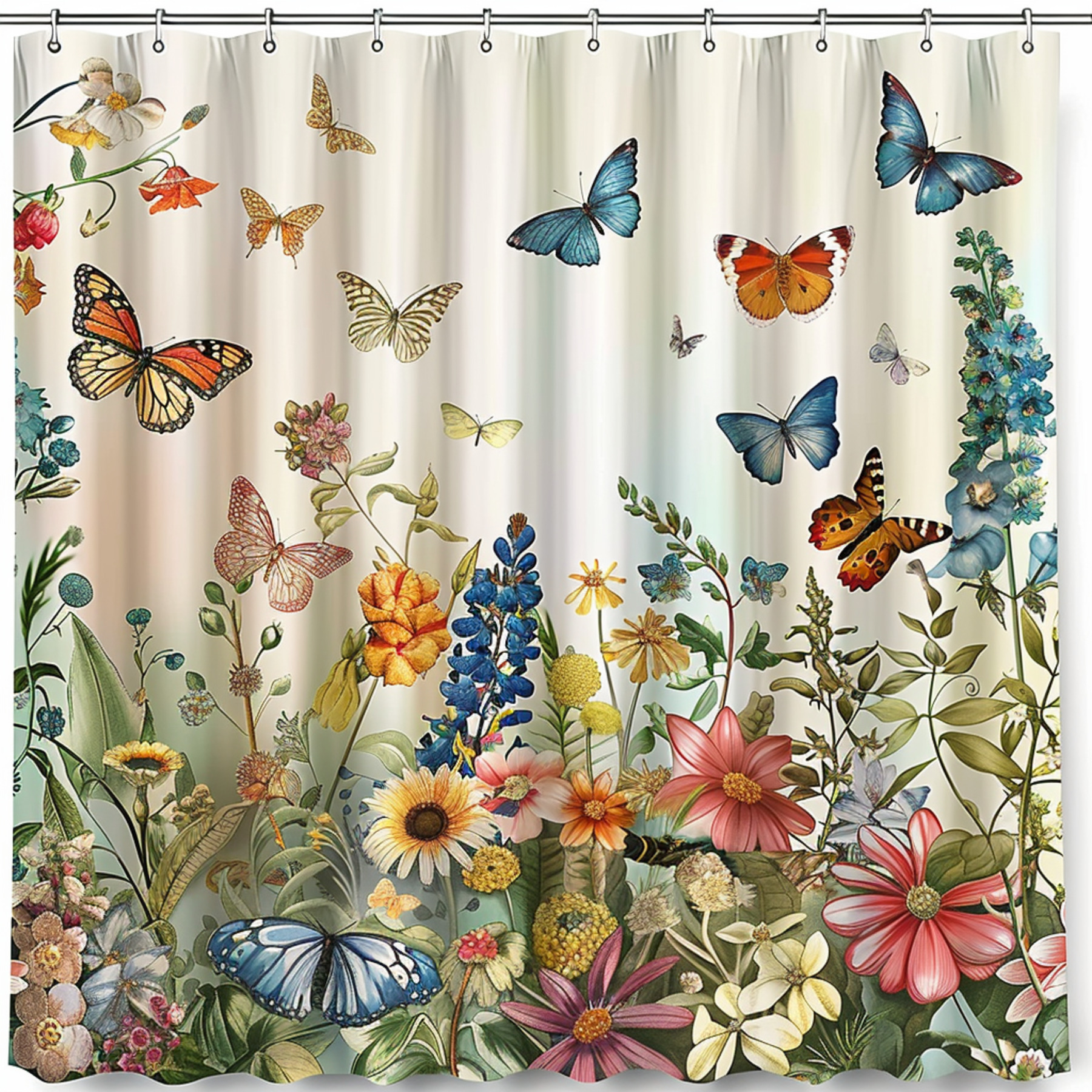 Hyper Realistic Butterfly and Flower Garden Shower Curtain on White ...