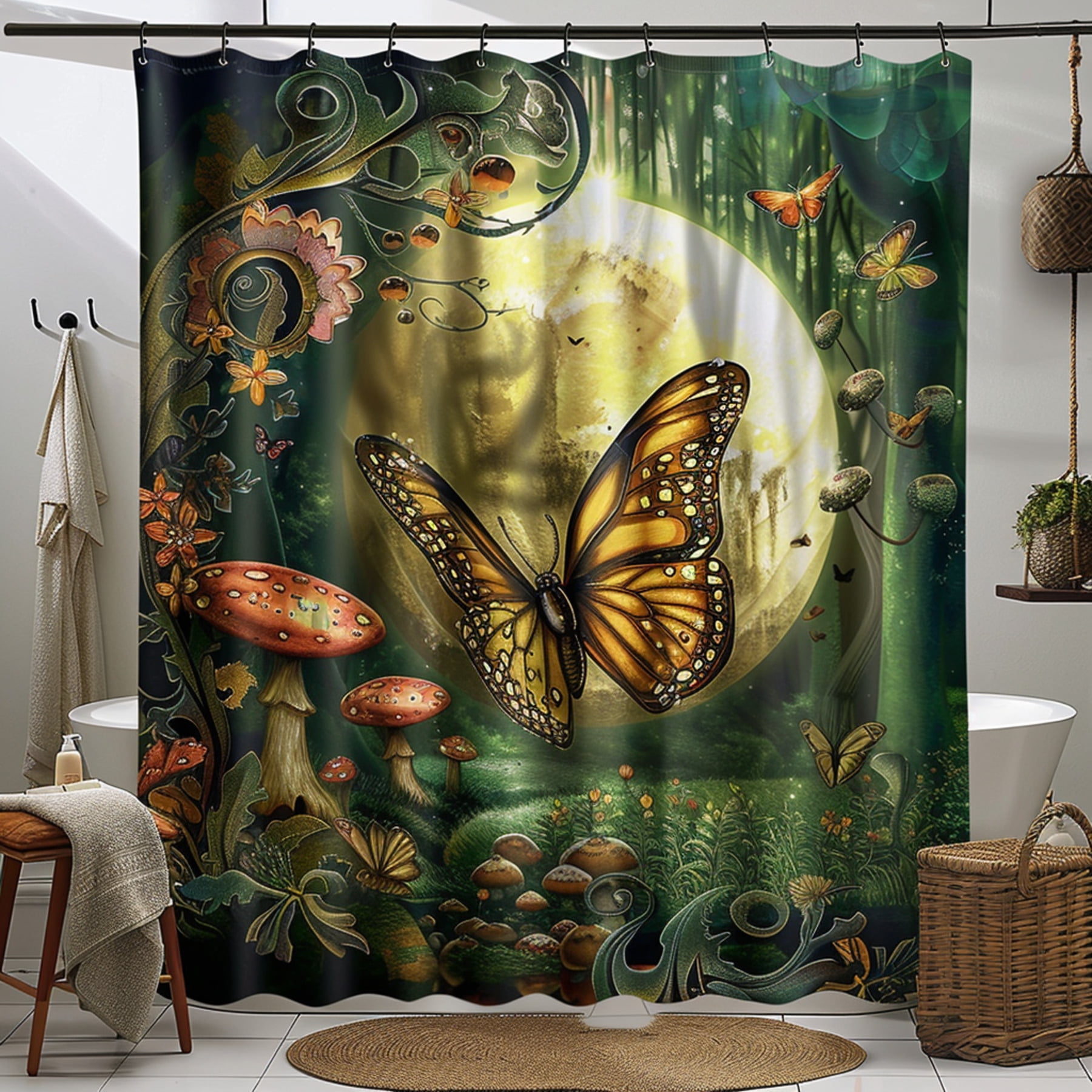 Hyper Realistic Butterfly and Moon Forest Shower Curtain with Mushrooms ...
