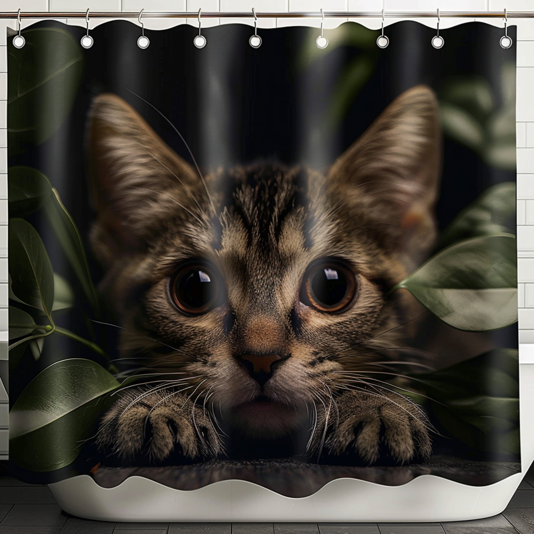 Hyper Realistic Cat Shower Curtain Adorable Cat With Big Eyes And Paws