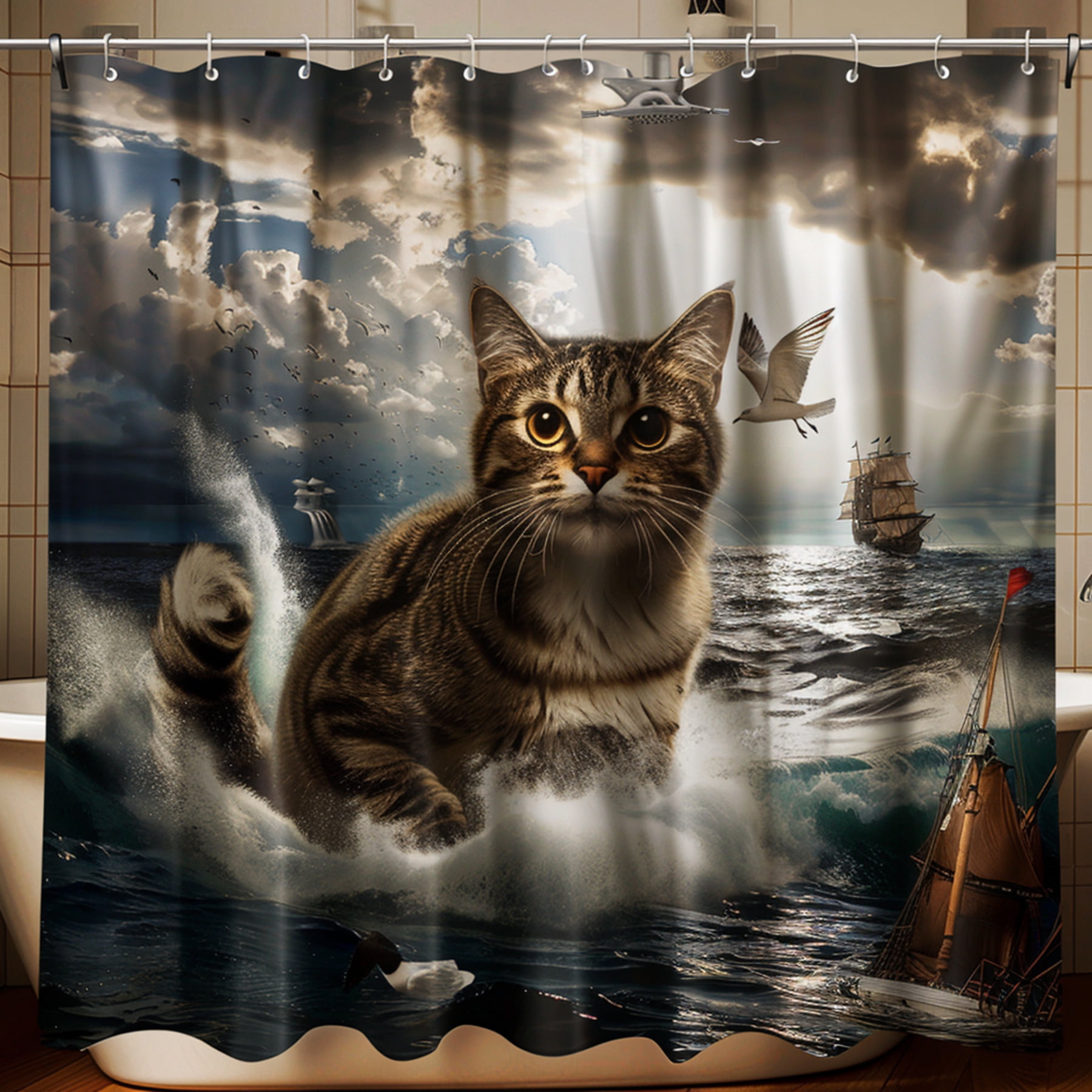 Hyper Realistic Cat Shower Curtain Stormy Sea Design with Old Ship ...