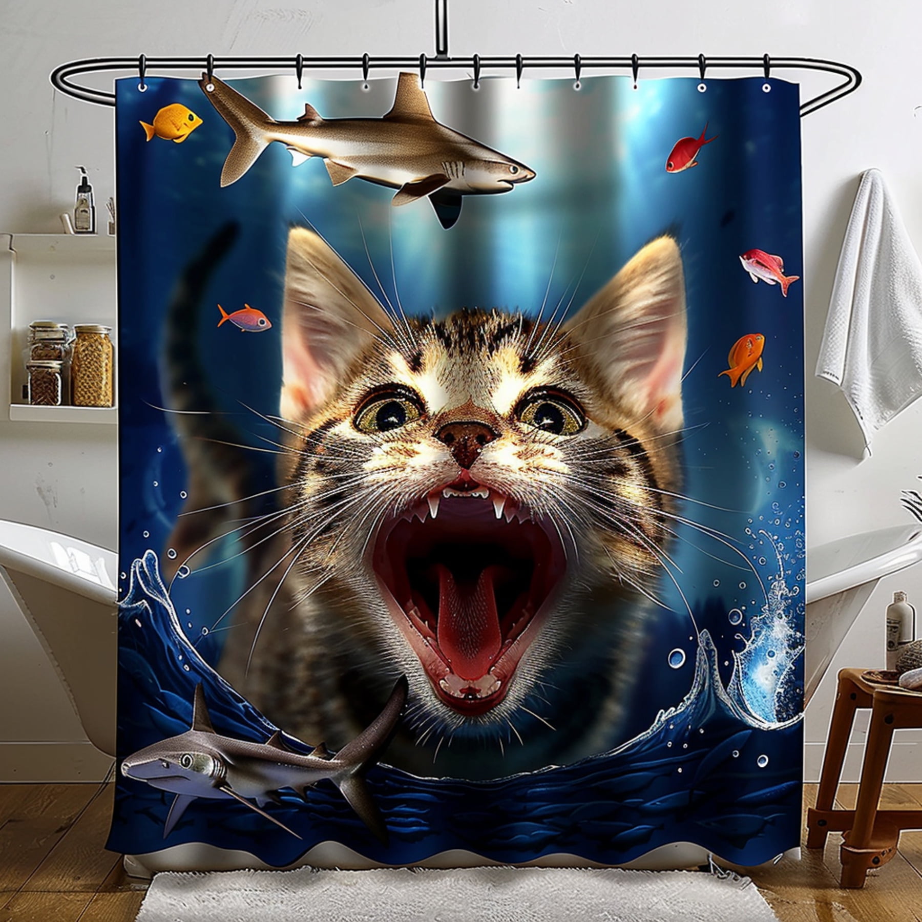 Hyper Realistic Cat Swimming with Sharks Shower Curtain Deep Sea Design ...