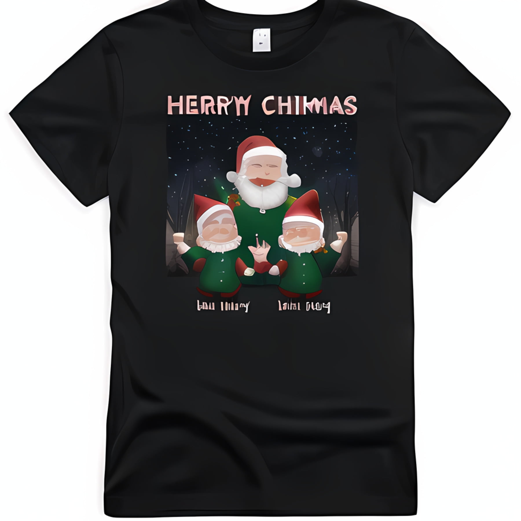 Hyper Realistic Christmas Elves T-Shirt Design with Funny Gnomes and Night Sky Vector Graphics ...
